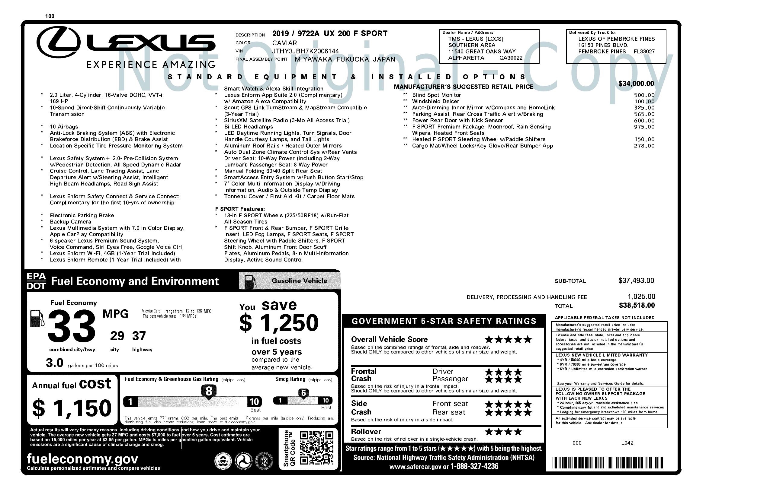 Window Sticker for 2019 Lexus Ux Ux 200 Fwd