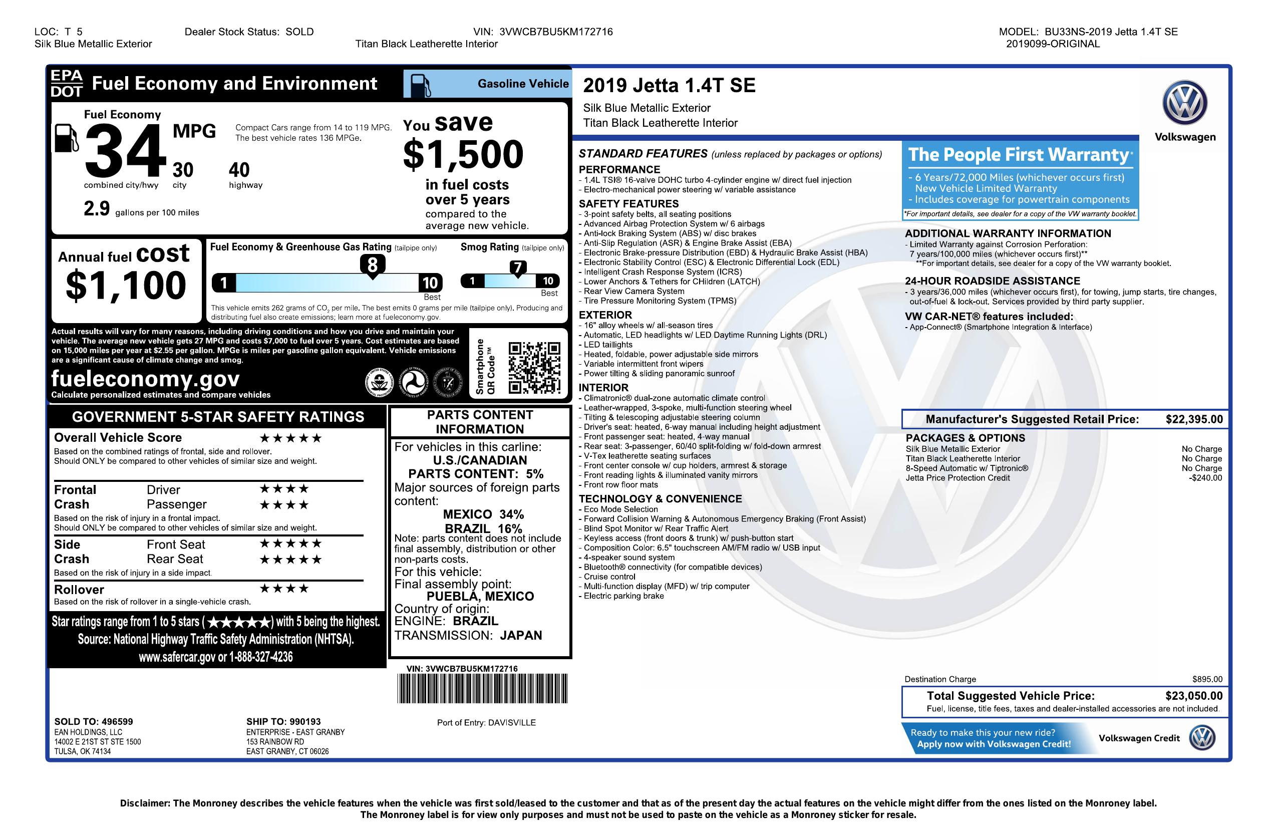 Window Sticker for 2019 Volkswagen Jetta Auto W/Ulev