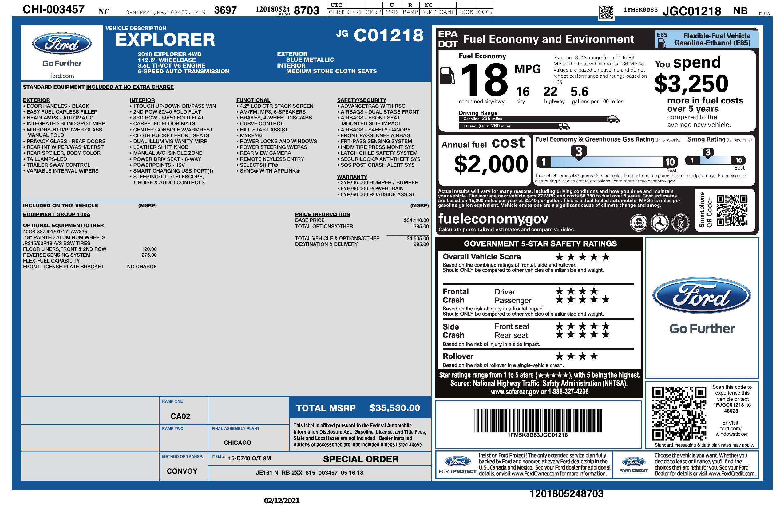 Window Sticker for 2018 Ford Explorer Base 4 Wd