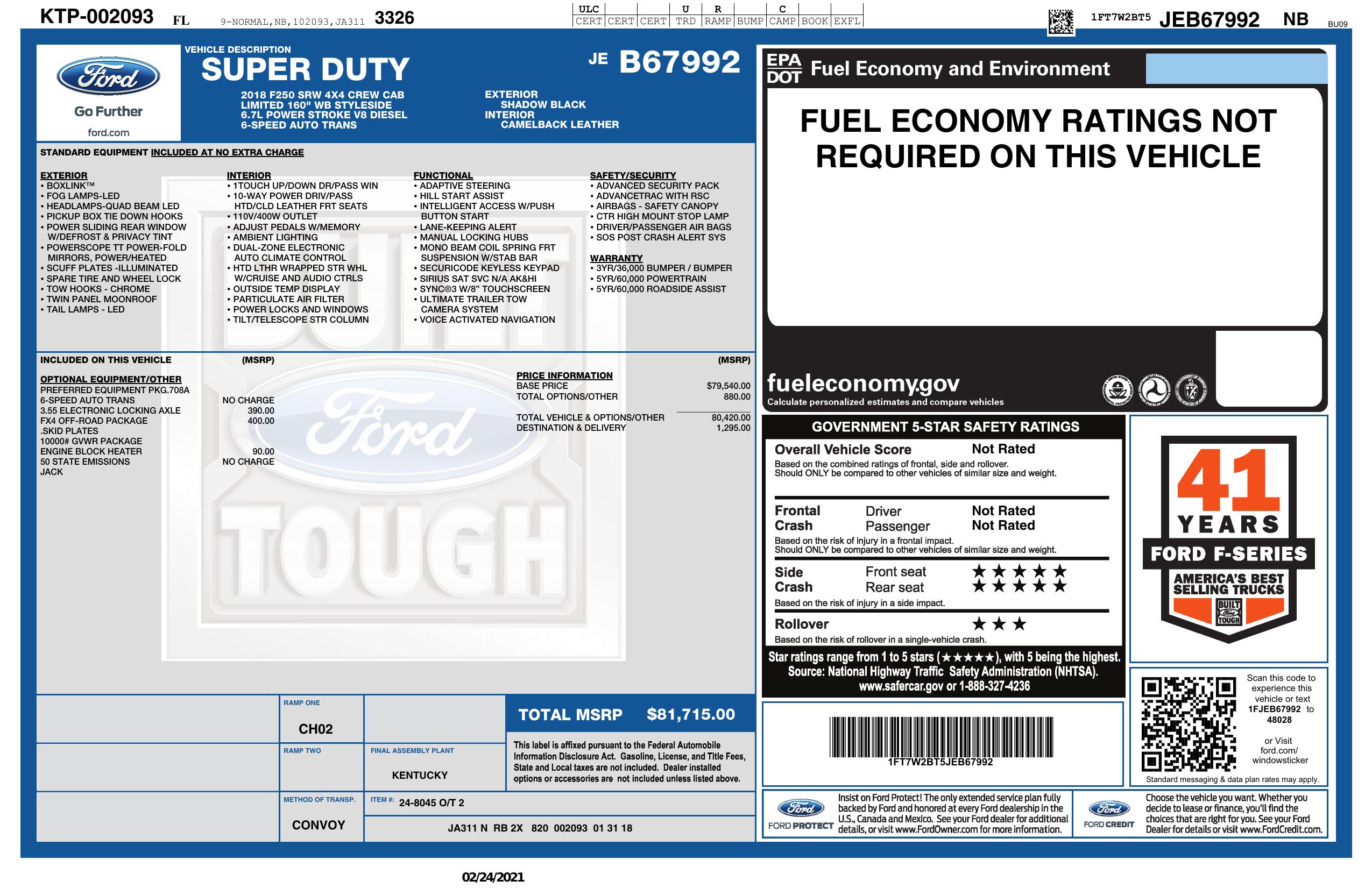 Window Sticker for 2018 Ford Super Duty F 250 Srw 4 Wd Crew Cab Box