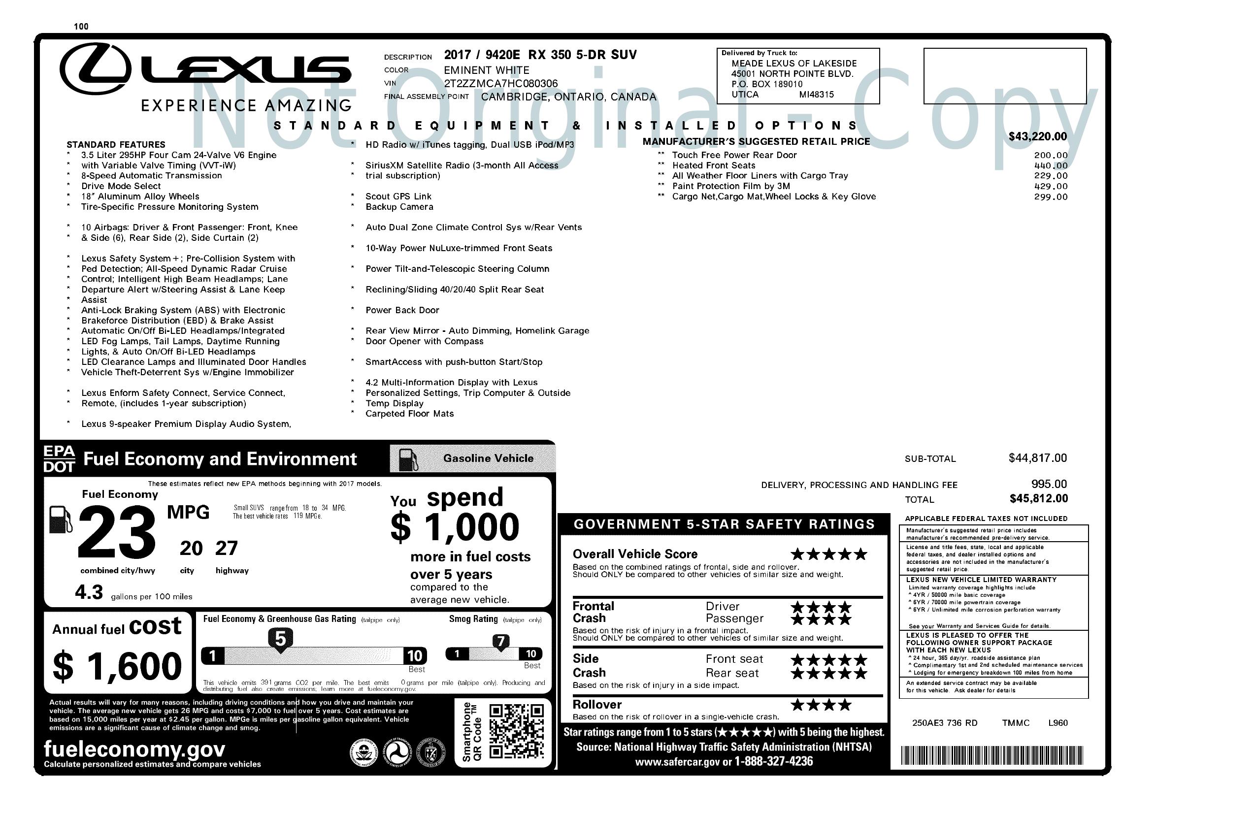 Window Sticker for 2017 Lexus Rx Rx 350 Fwd