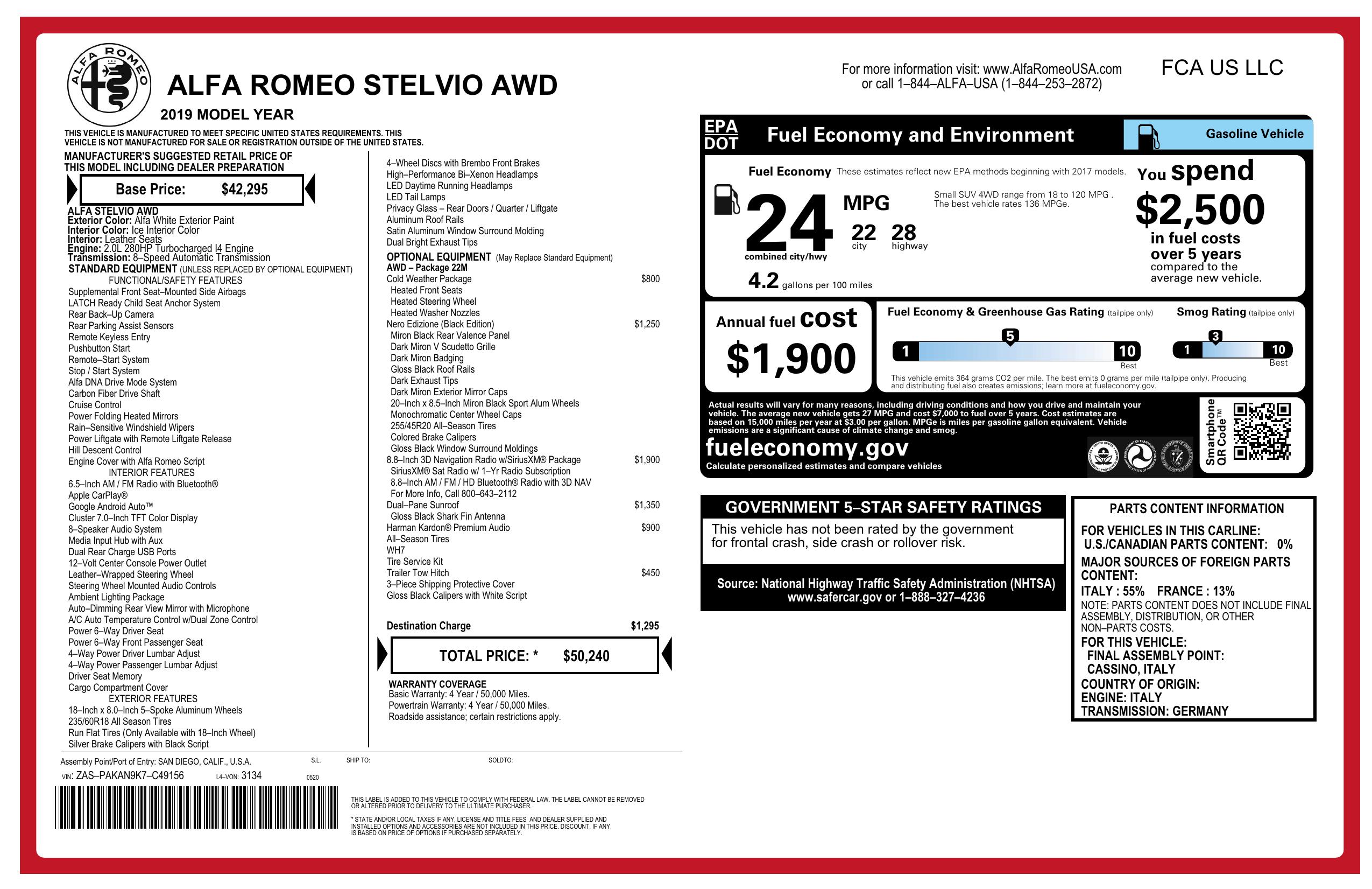 Window Sticker for 2019 Alfa Romeo Stelvio Awd