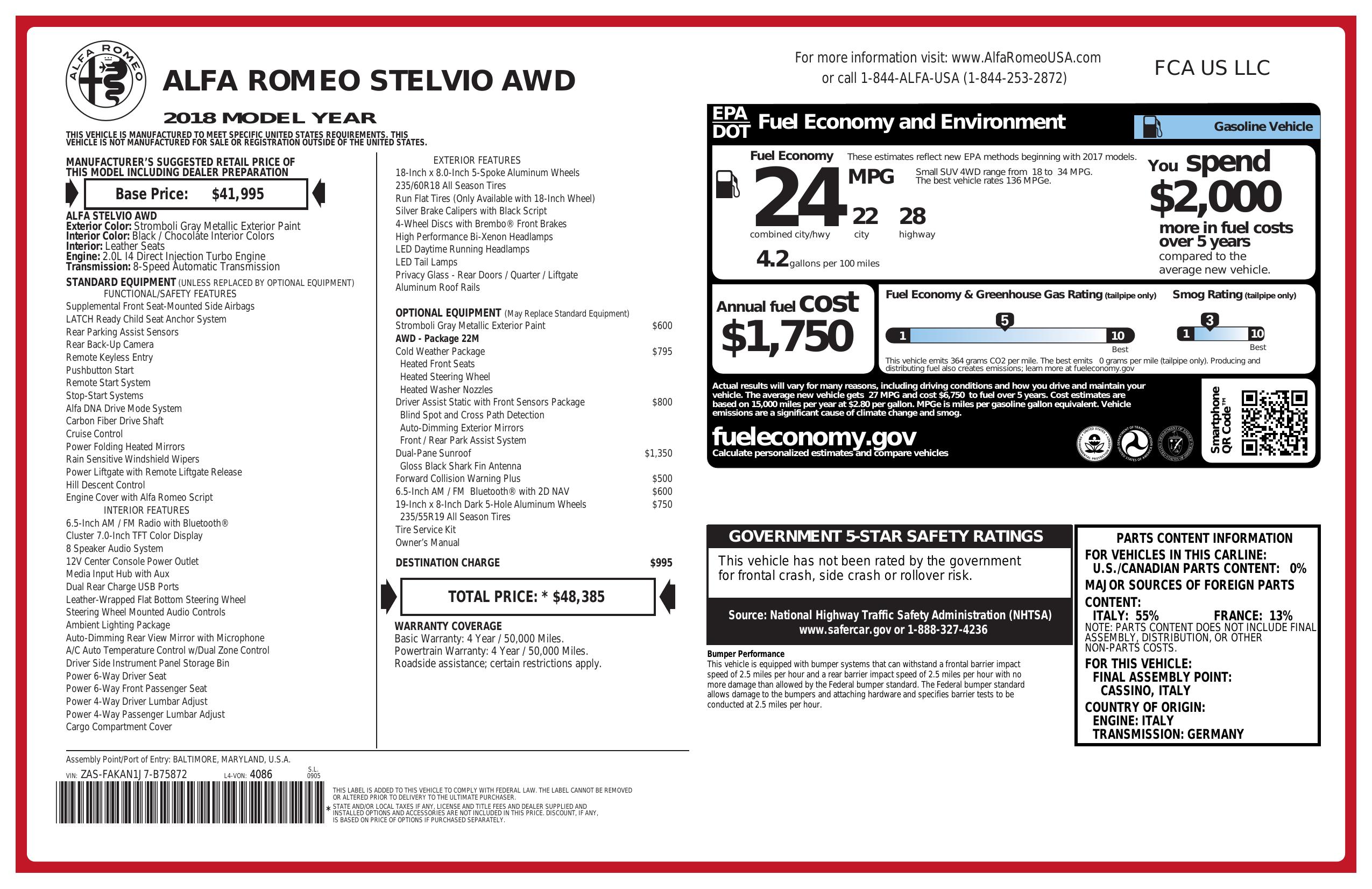 Window Sticker for 2018 Alfa Romeo Stelvio Awd