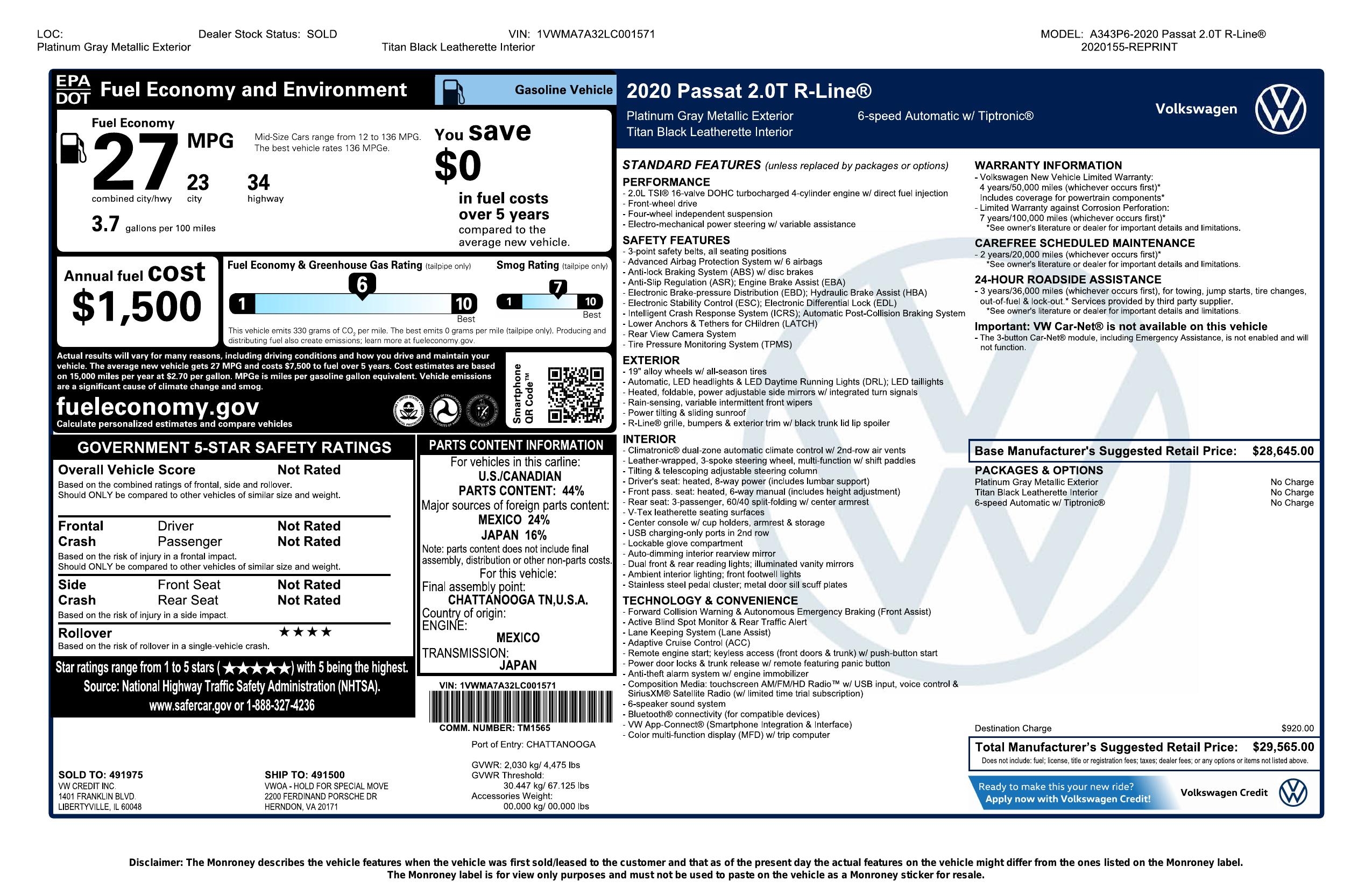 Sold 2020 Volkswagen Passat 2.0T R-Line in Montclair