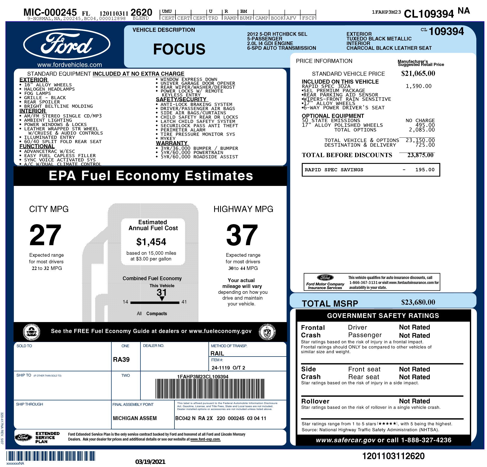 Window Sticker for 2012 Ford Focus 5dr Hb Sel