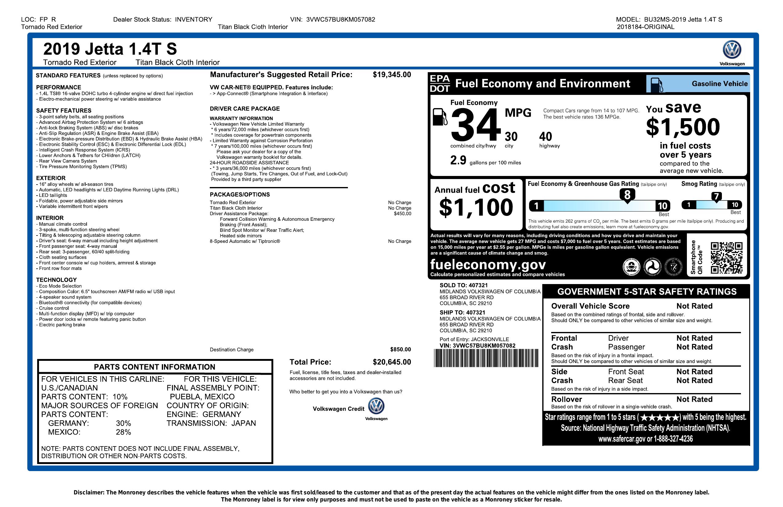 Window Sticker for 2019 Volkswagen Jetta Auto W/Sulev