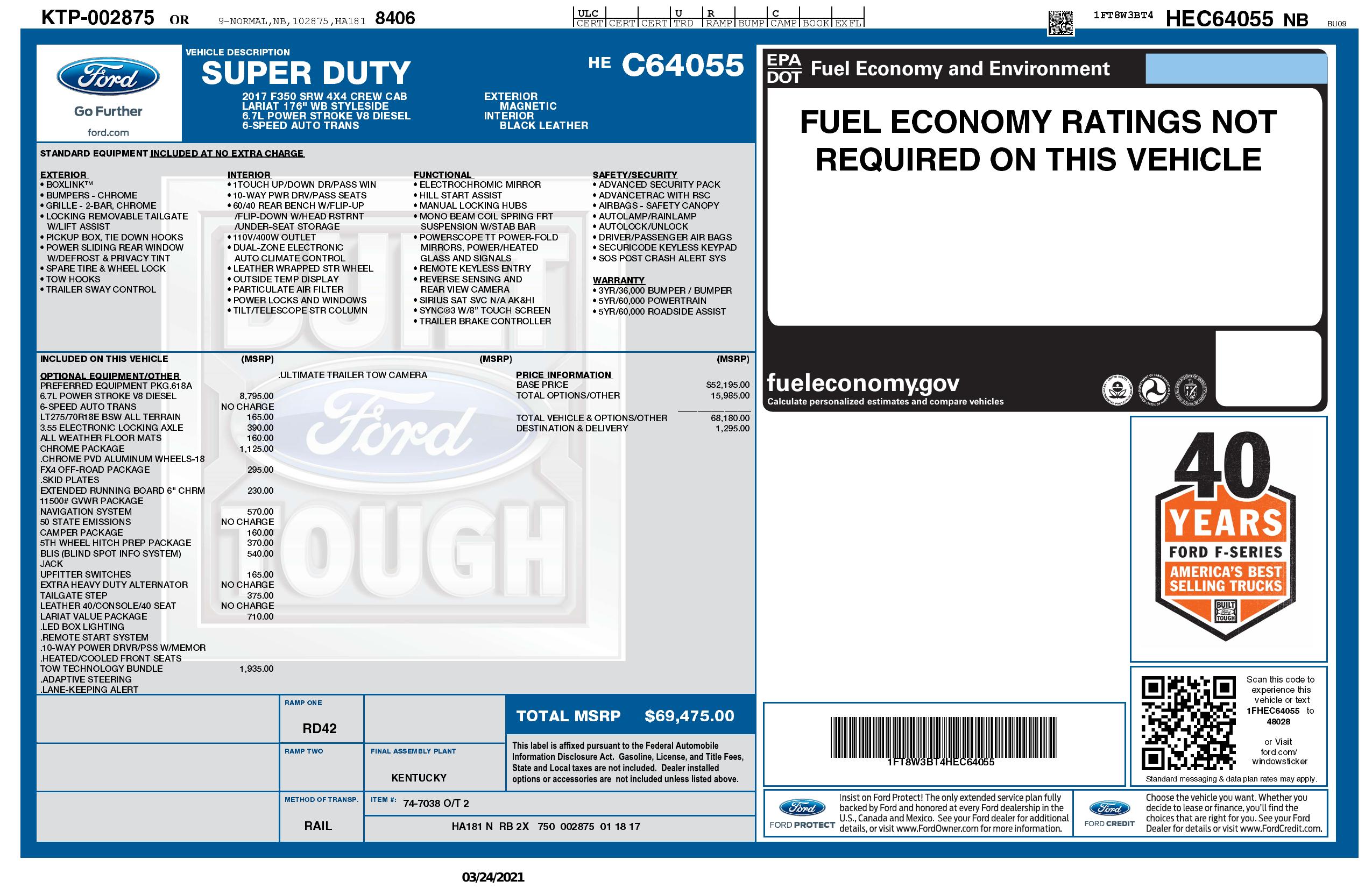 Window Sticker for 2017 Ford F350 Super Duty Crew Cab 4 Wd Crew Cab Box