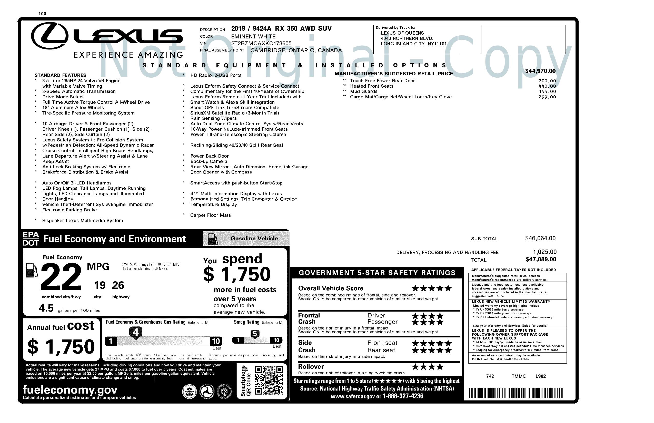 Window Sticker for 2019 Lexus Rx Rx 350 Awd