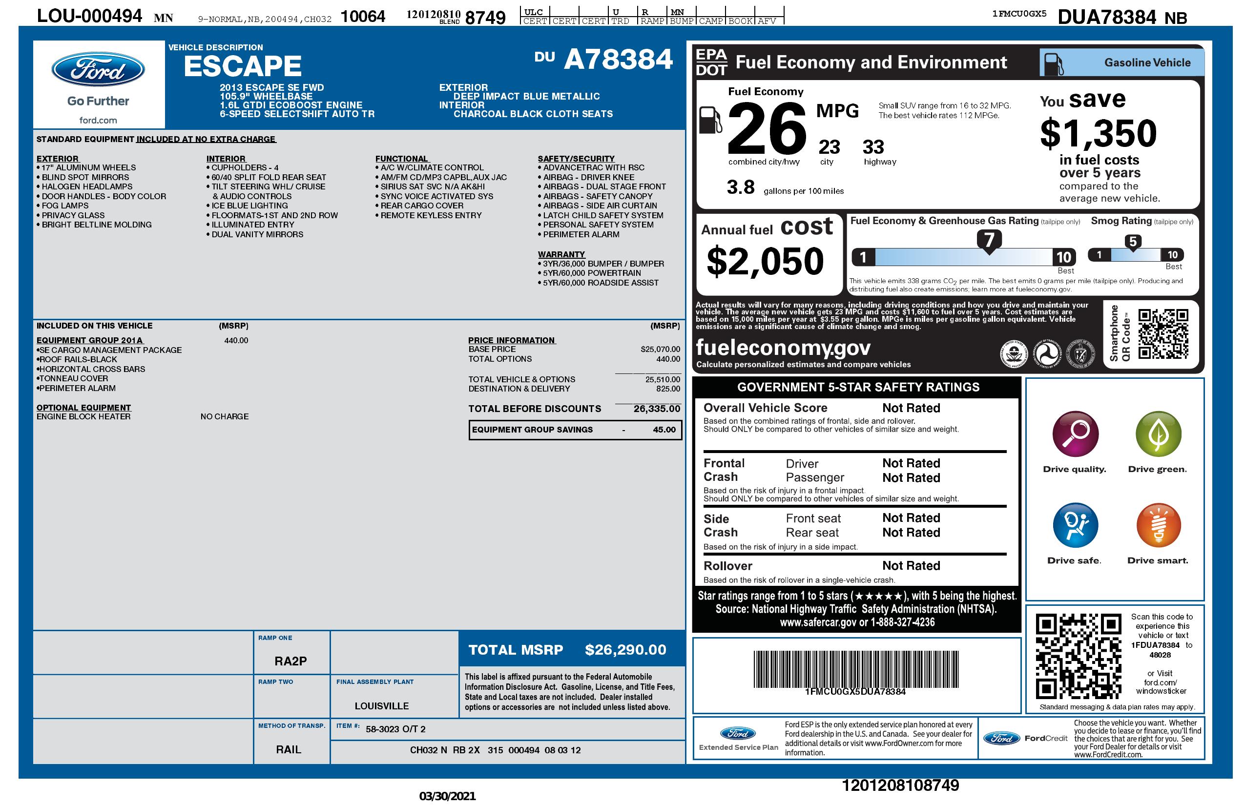 Window Sticker for 2013 Ford Escape Fwd 4dr Se