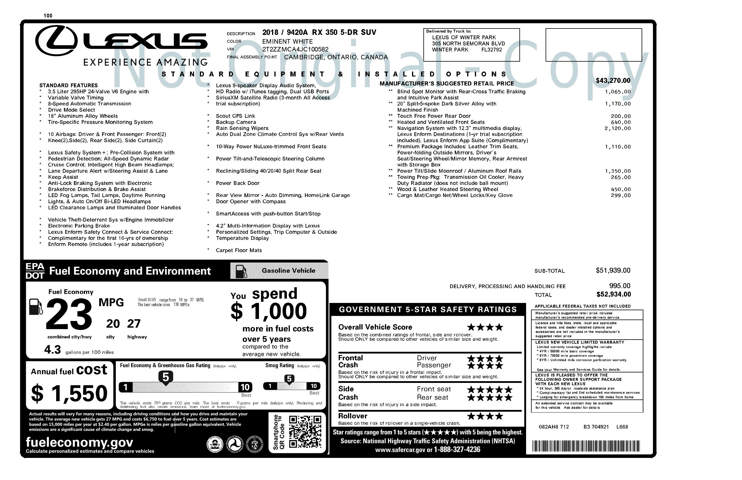 Window Sticker for 2018 Lexus Rx Rx 350 Fwd