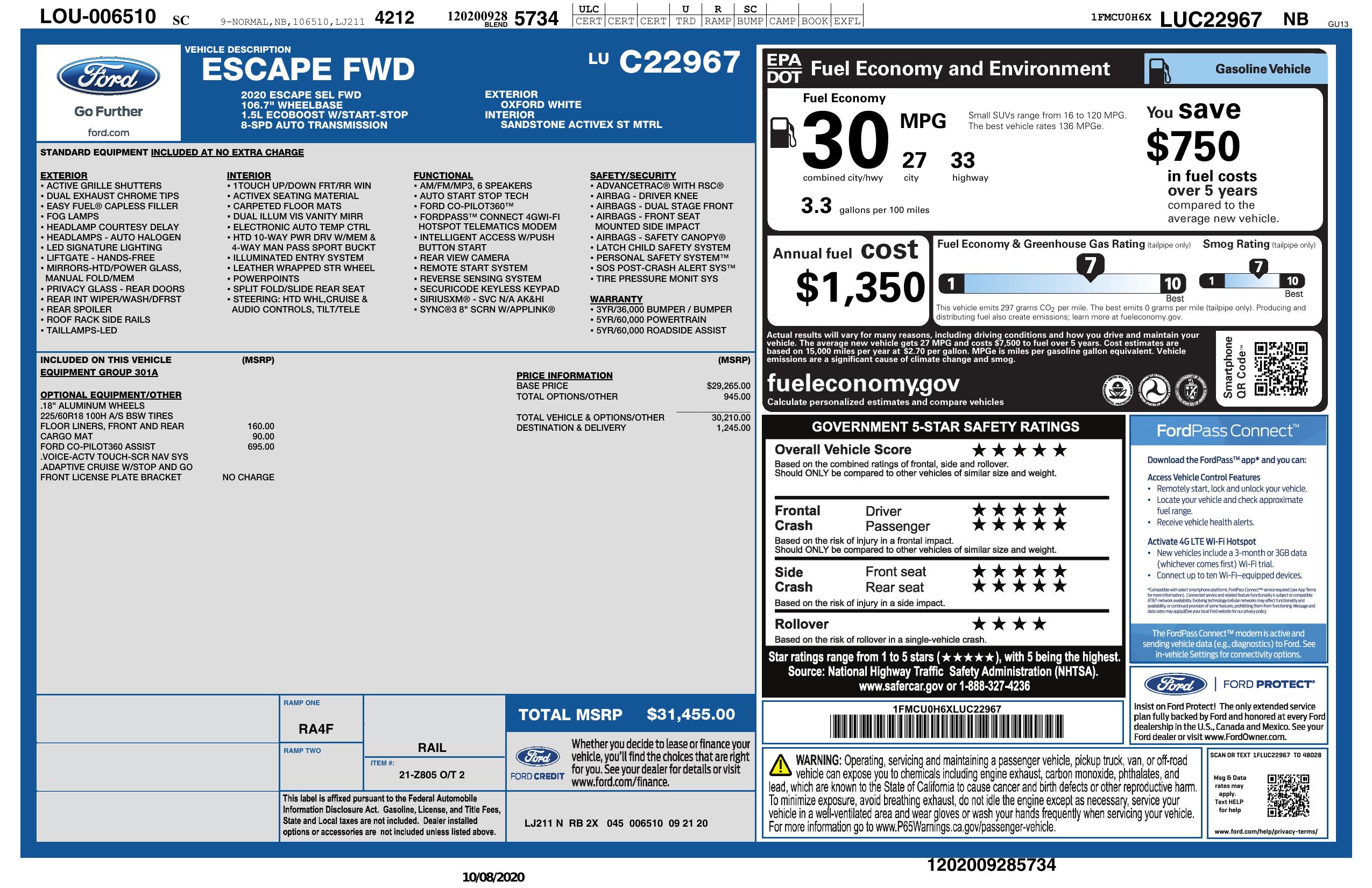 Window Sticker for 2020 Ford Escape Sel Fwd