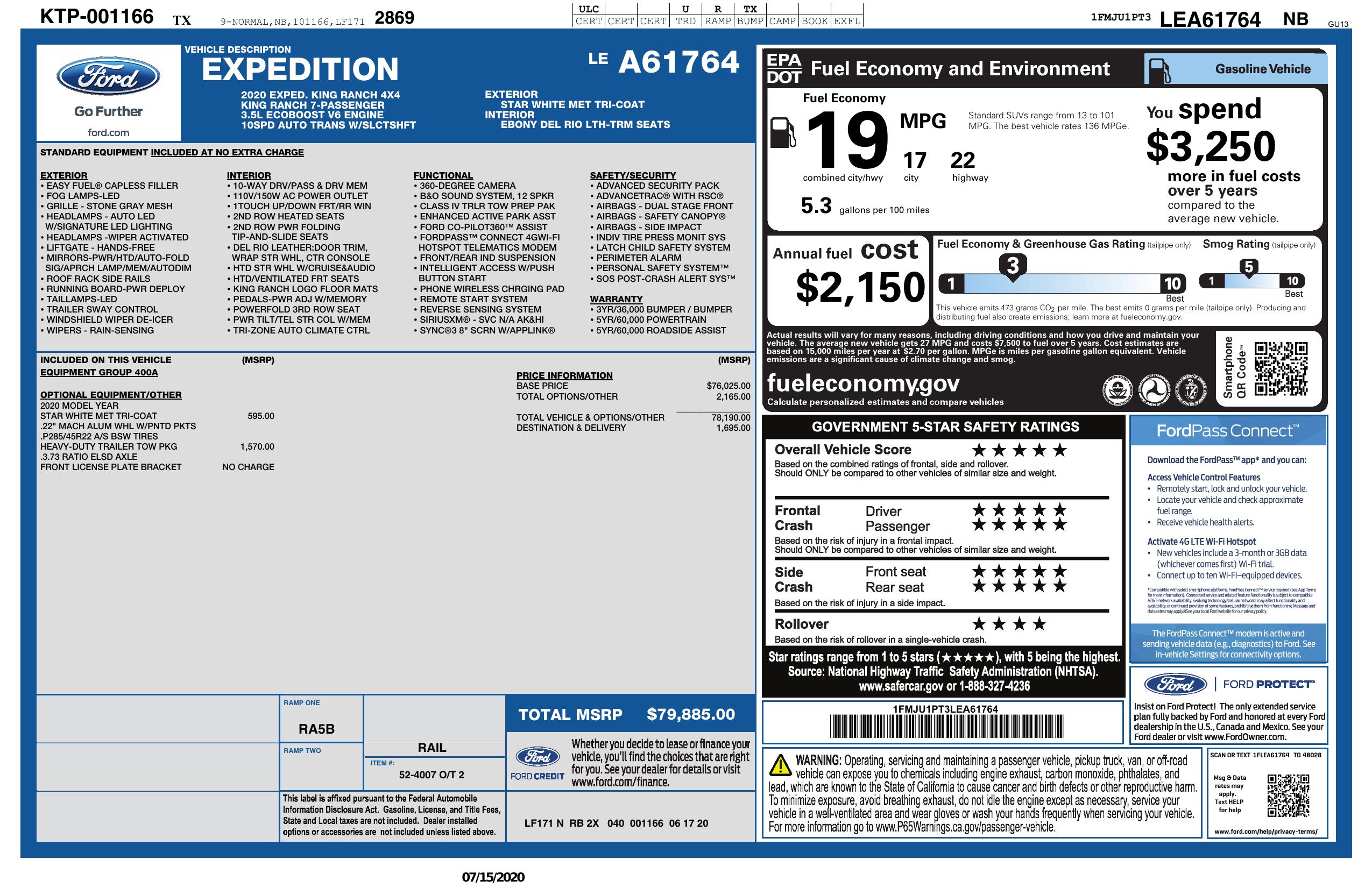 Window Sticker for 2020 Ford Expedition King Ranch 4x4