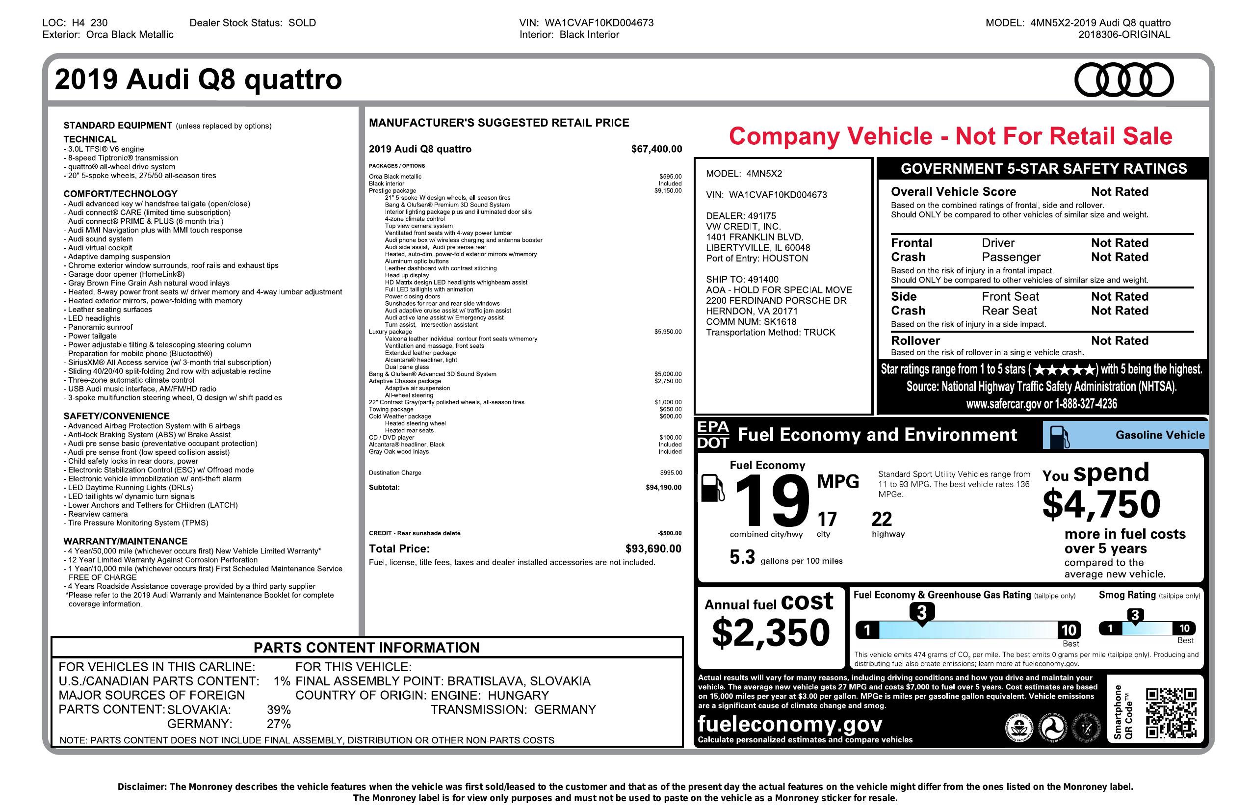 Window Sticker for 2019 Audi Q8 Prestige 55 Tfsi Quattro