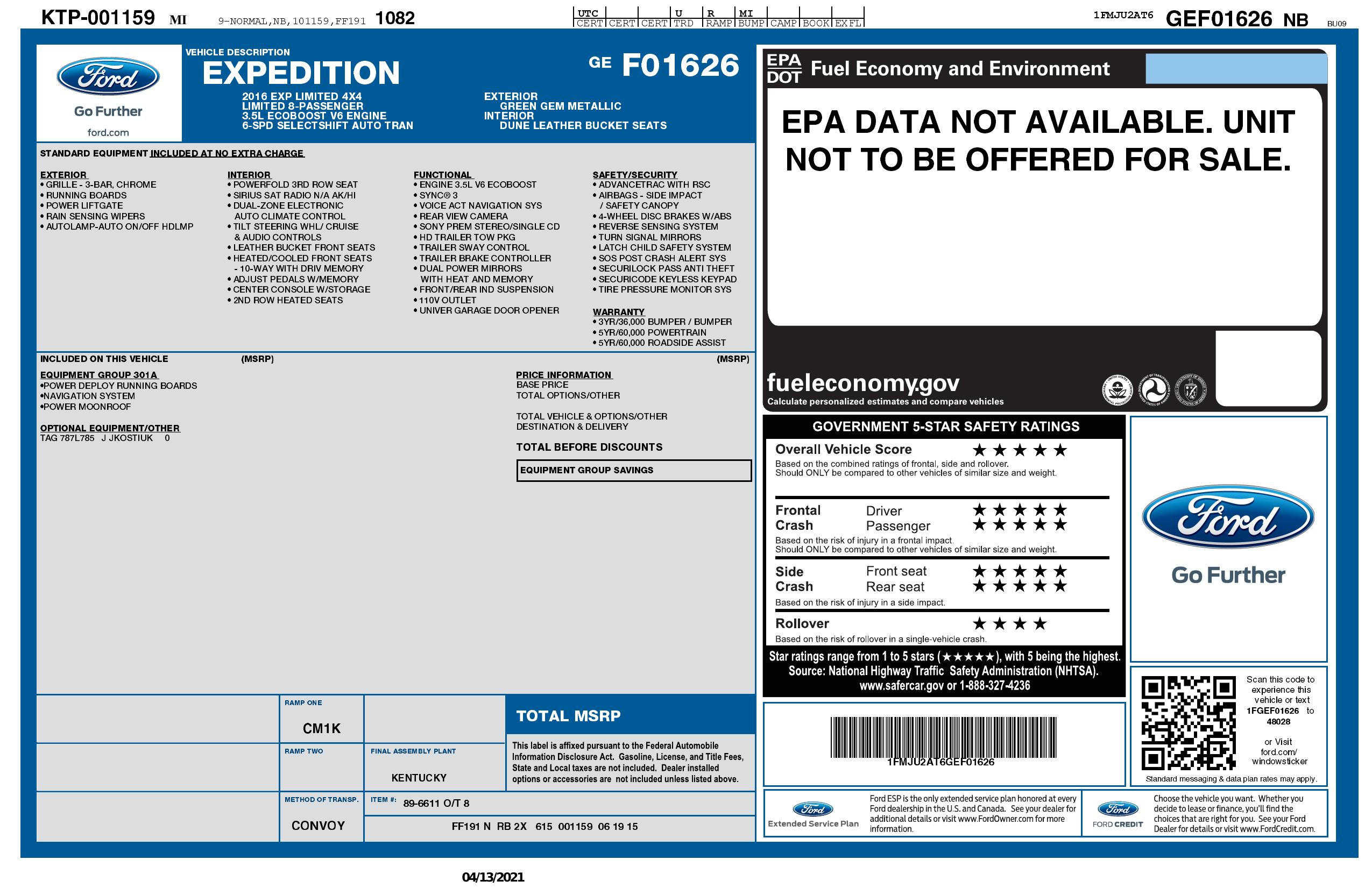 Window Sticker for 2016 Ford Expedition 4 Wd 4dr Limited