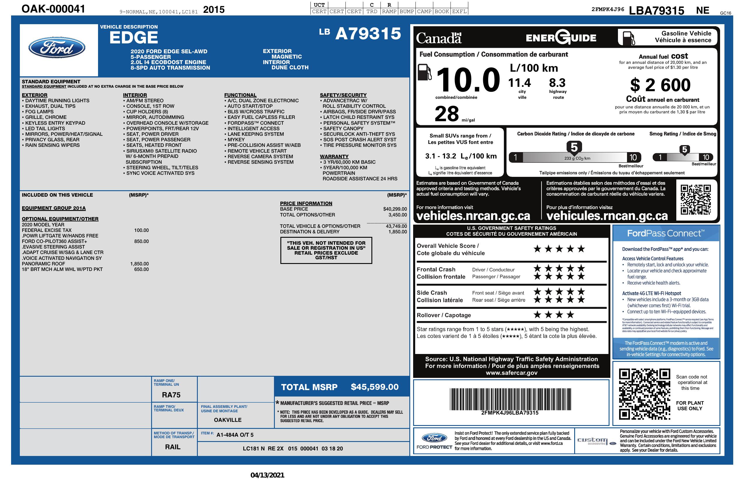 Window Sticker for 2020 Ford Edge Awd