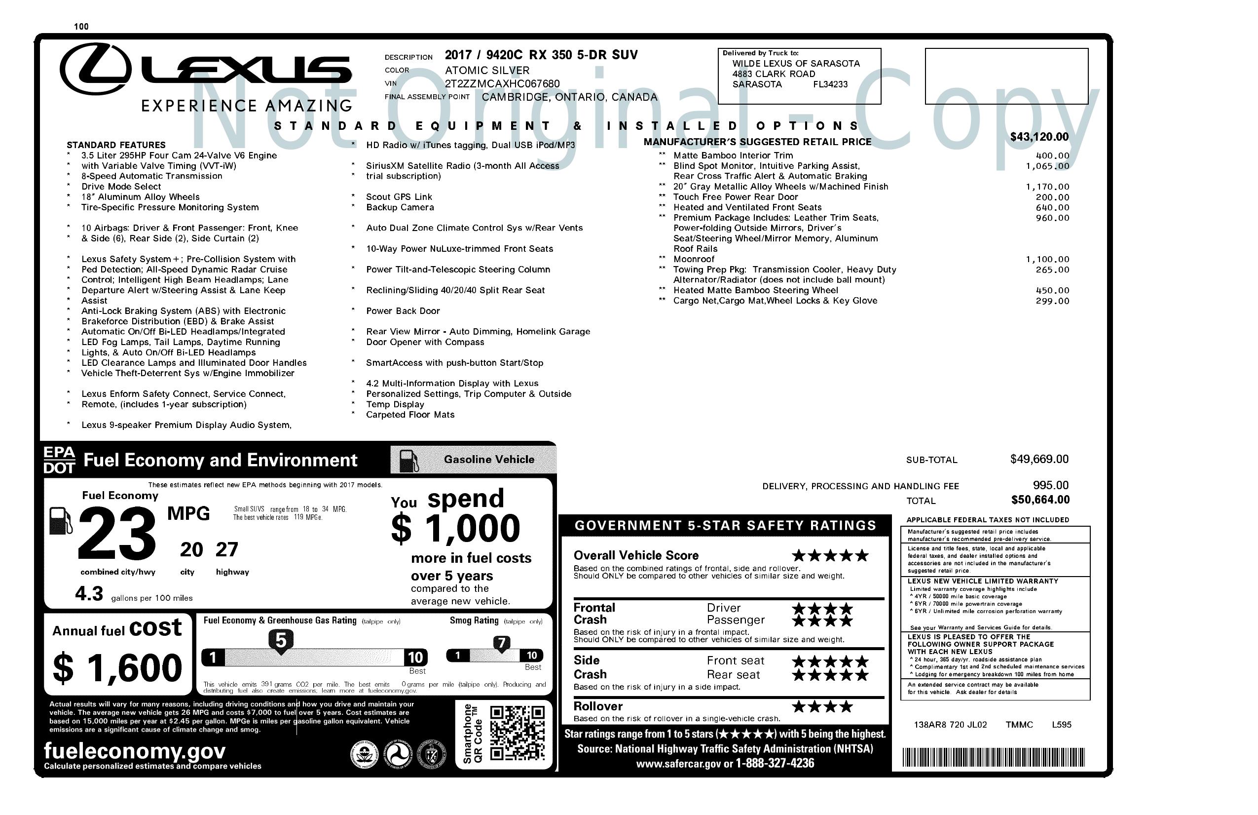 Window Sticker for 2017 Lexus Rx Rx 350 Fwd