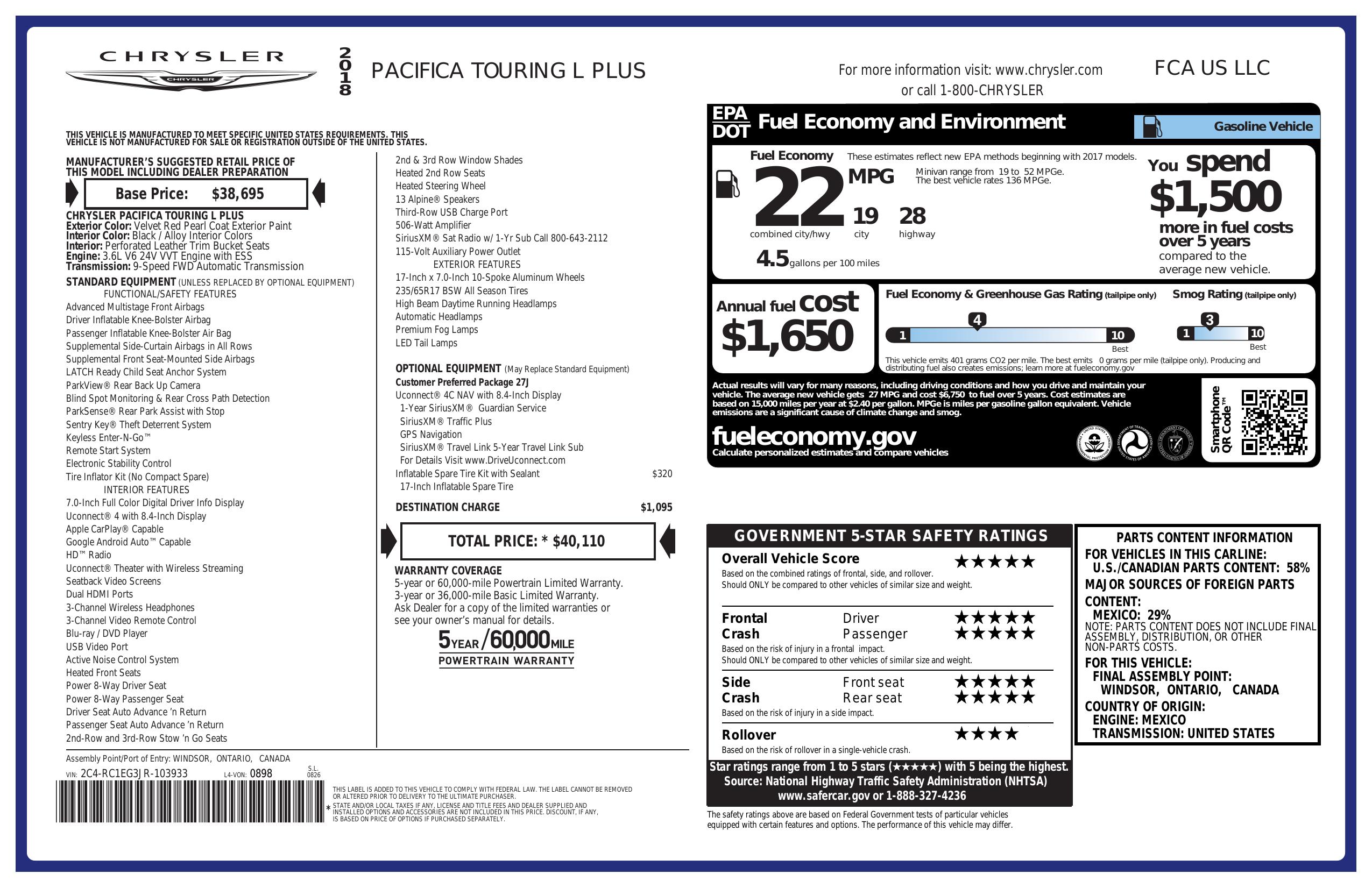 Window Sticker for 2018 Chrysler Pacifica Touring L Plus Fwd