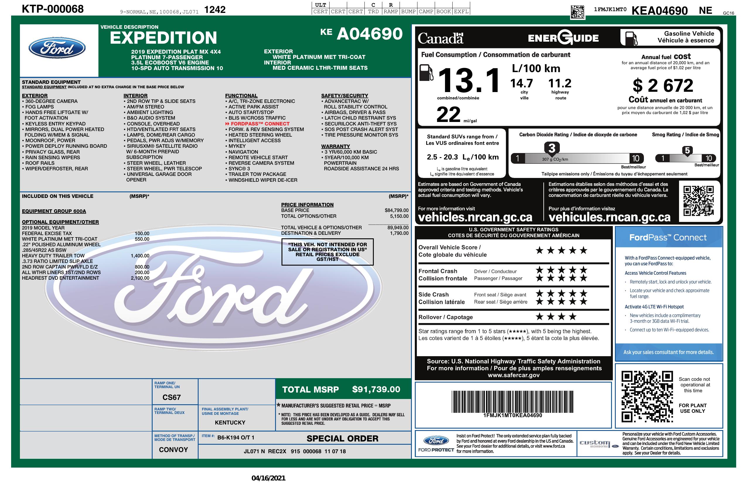 Window Sticker for 2019 Ford Expedition Max Platinum 4x4