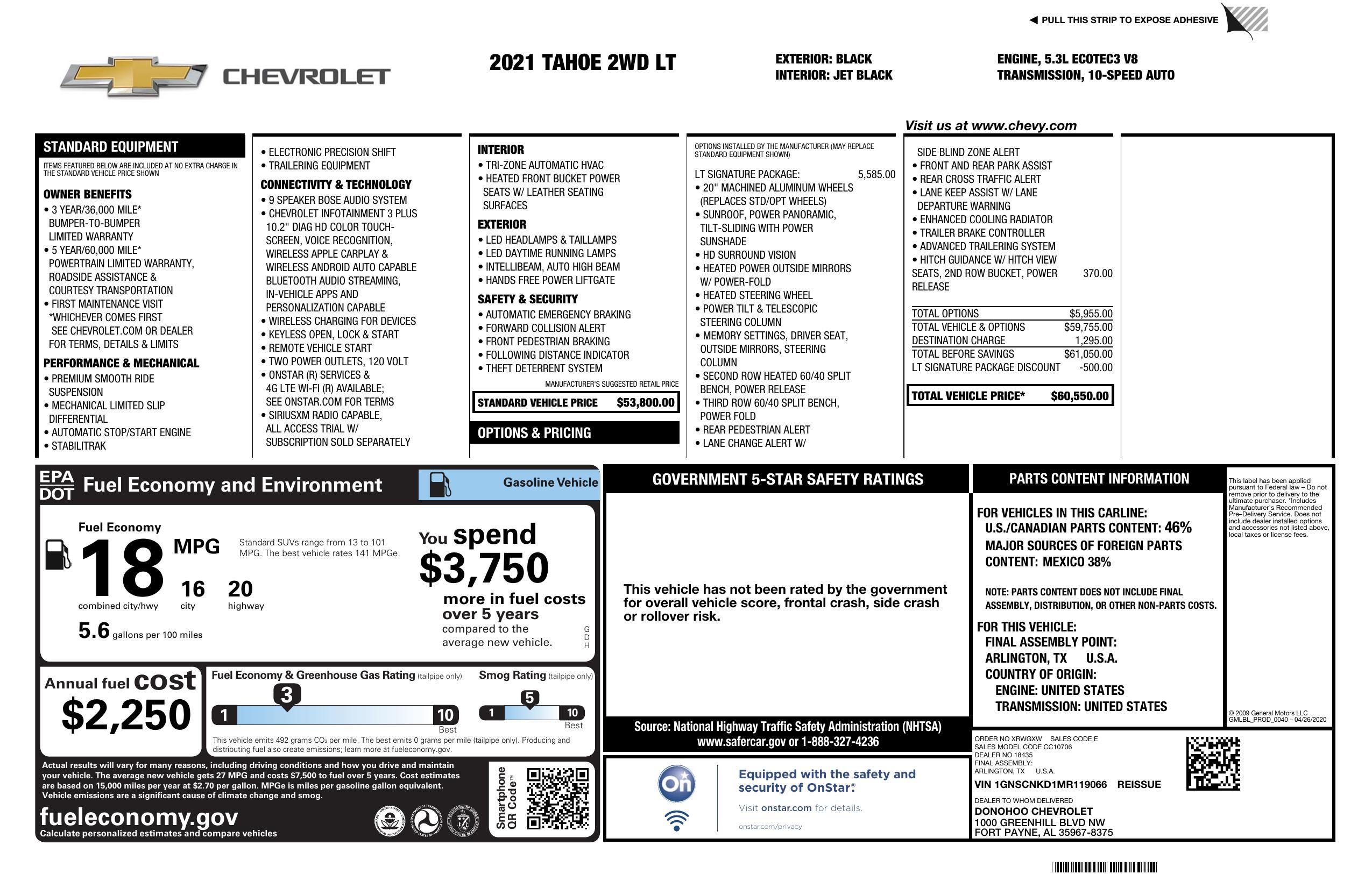 Window Sticker for 2021 Chevrolet Tahoe 2 Wd 4dr Lt