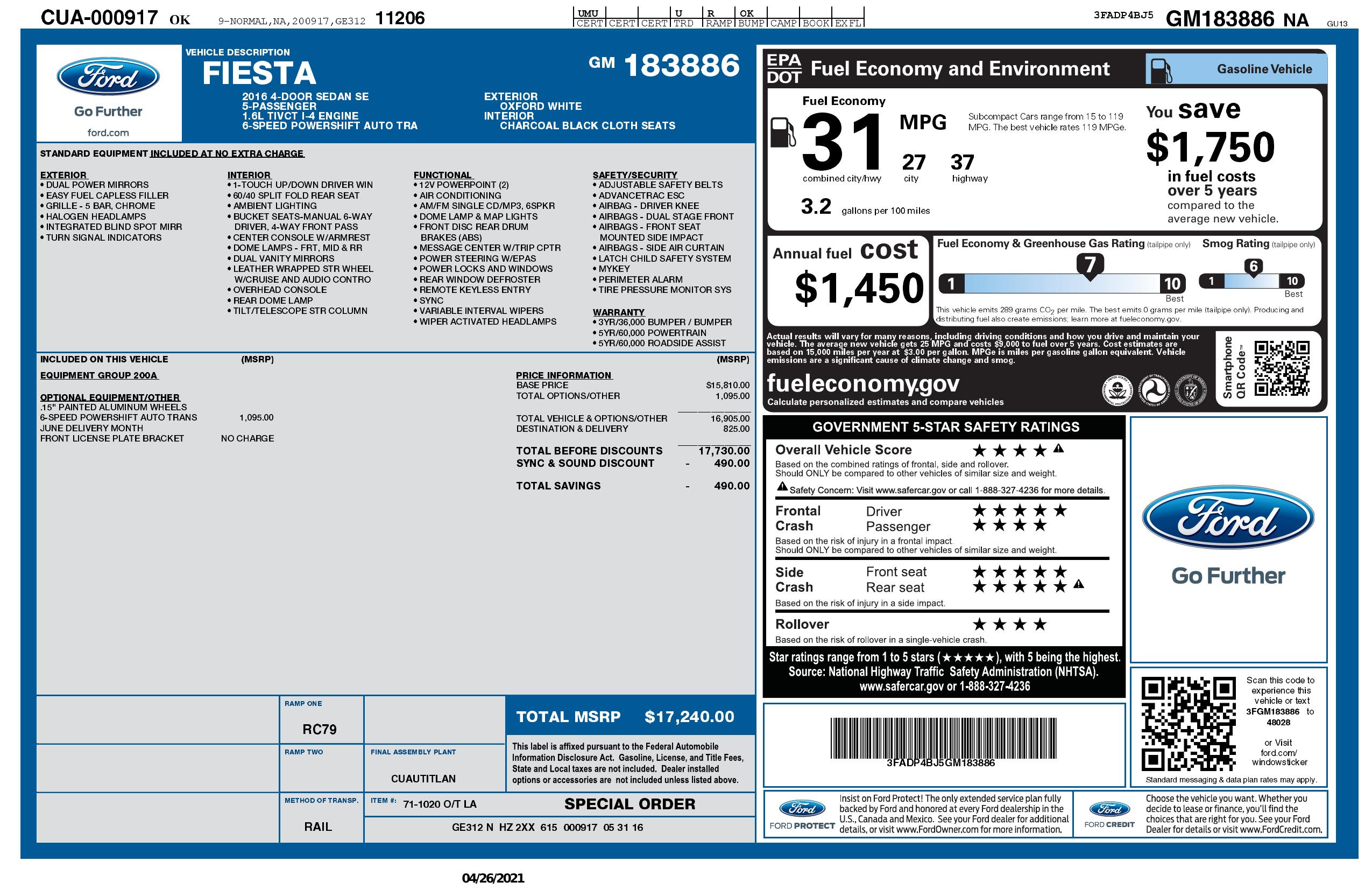 Window Sticker for 2016 Ford Fiesta 4dr Sdn Se