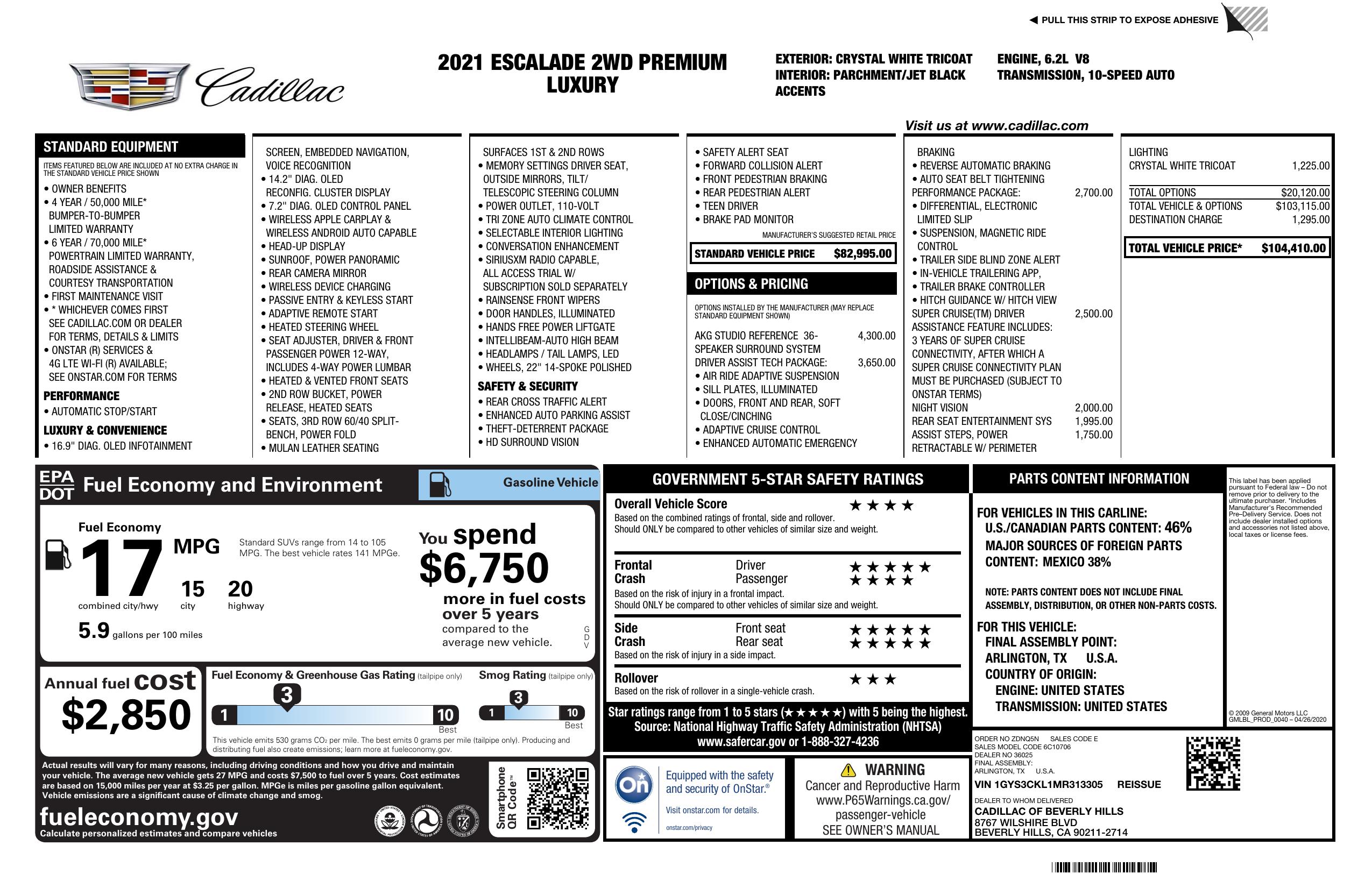 Window Sticker for 2021 Cadillac Escalade 2 Wd 4dr Premium Luxury