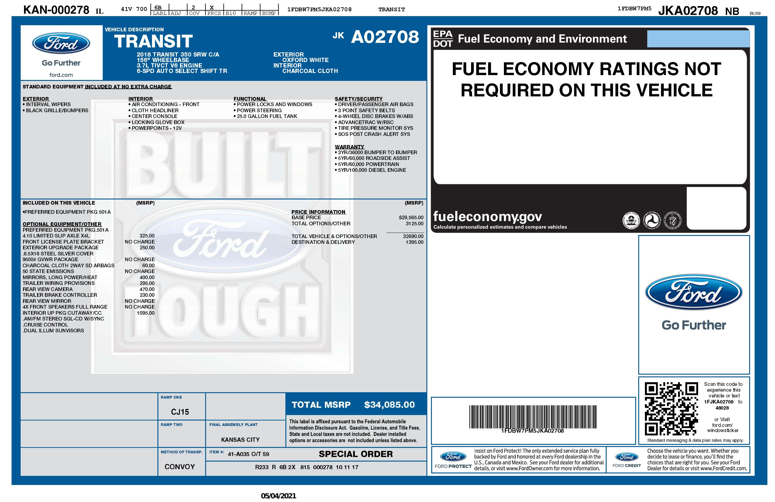 Window Sticker for 2018 Ford Transit Cutaway T 350 Srw 156" Wb 9500 Gvwr