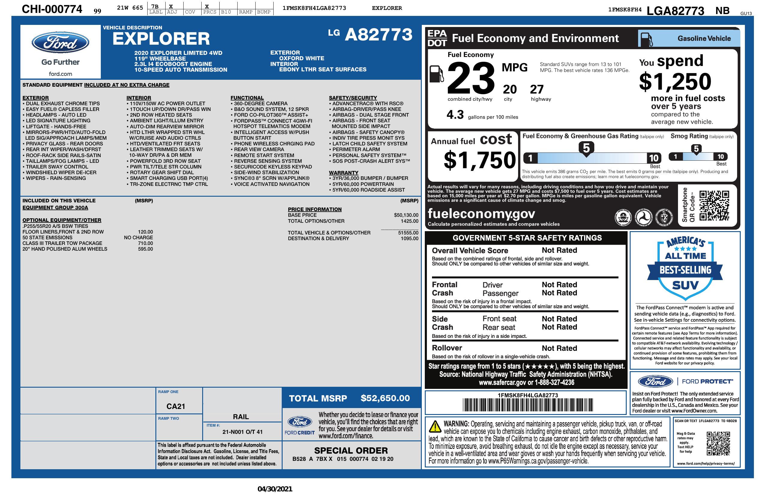 Window Sticker for 2020 Ford Explorer Limited 4 Wd