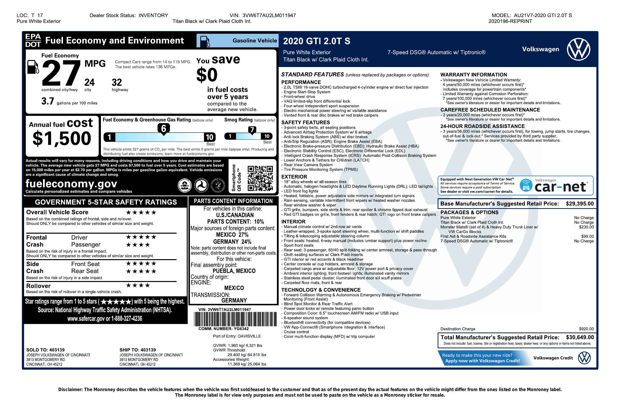 Window Sticker for 2020 Volkswagen Golf Gti 2.0 T Dsg