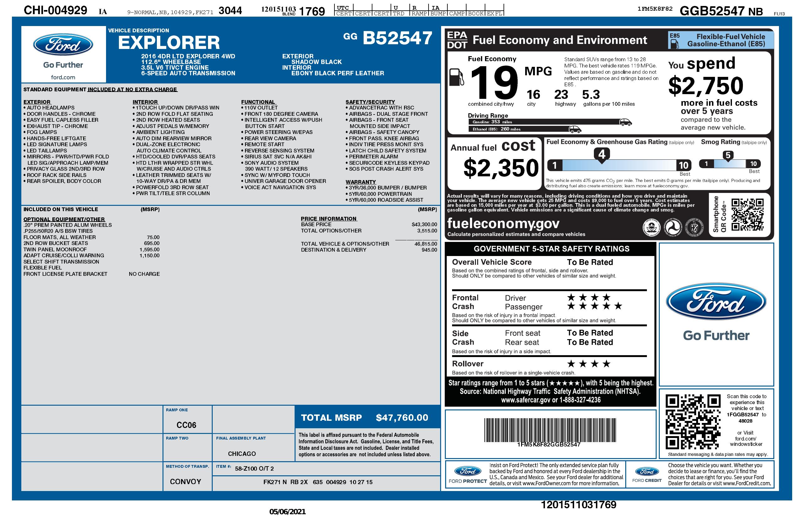 Window Sticker for 2016 Ford Explorer 4 Wd 4dr Limited
