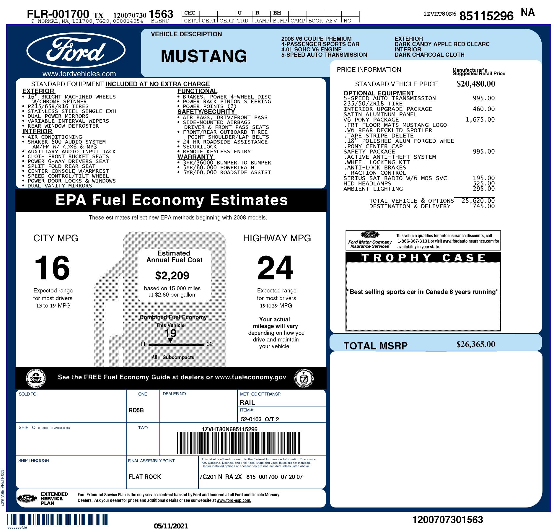 Window Sticker for 2008 Ford Mustang 2dr Cpe