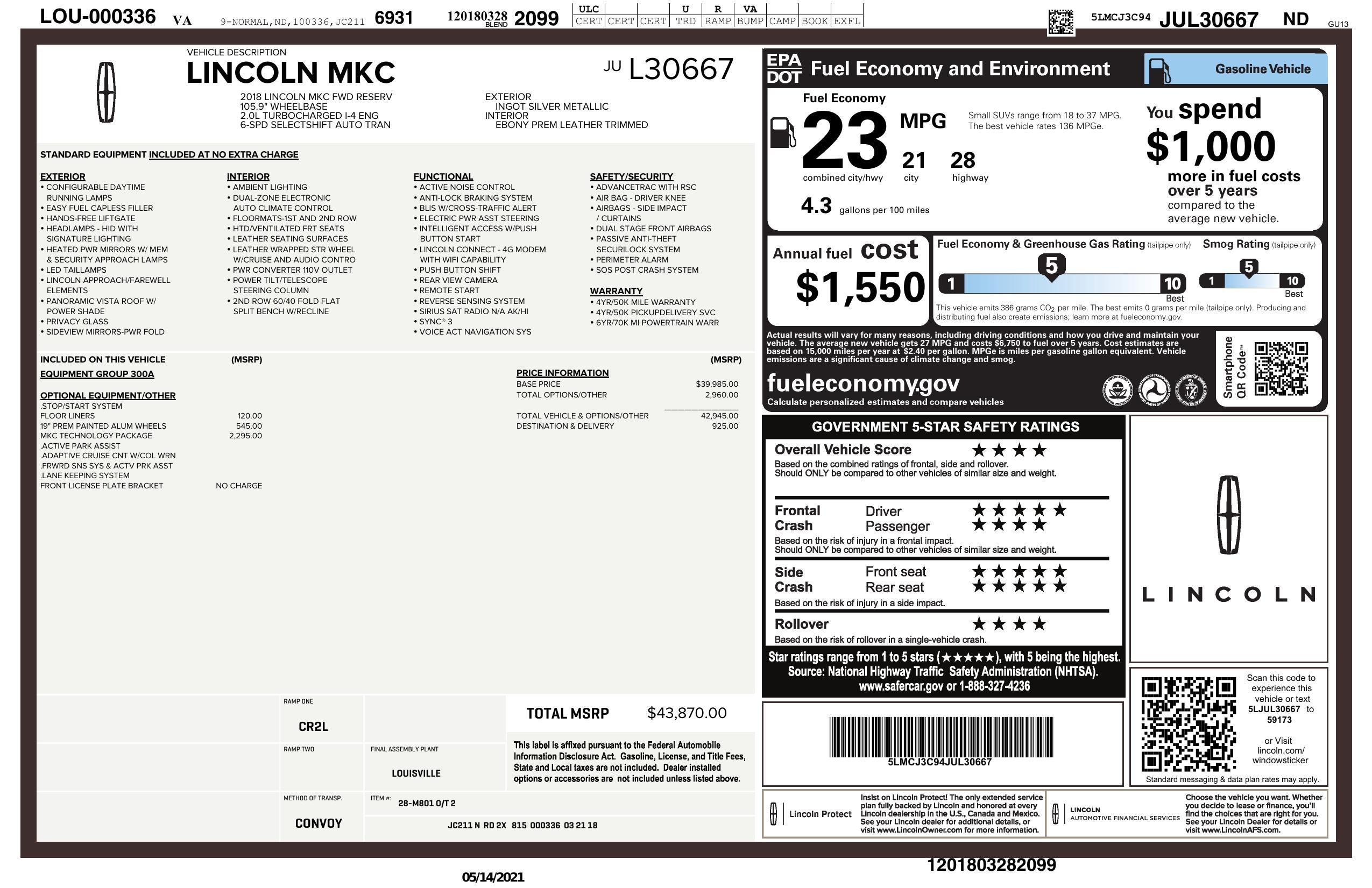 Window Sticker for 2018 Lincoln Mkc Reserve Fwd