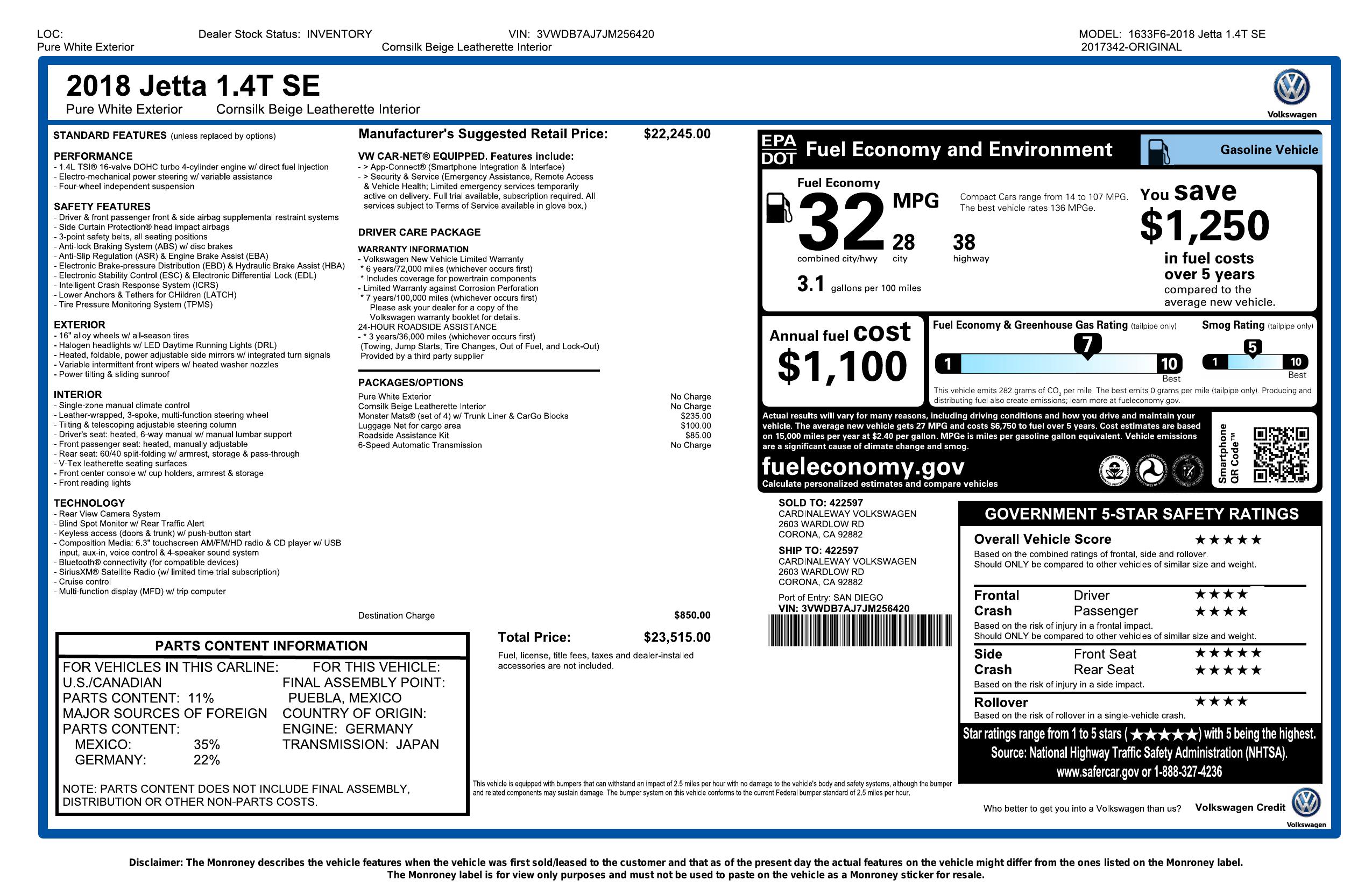 Window Sticker for 2018 Volkswagen Jetta 1.4 T Auto