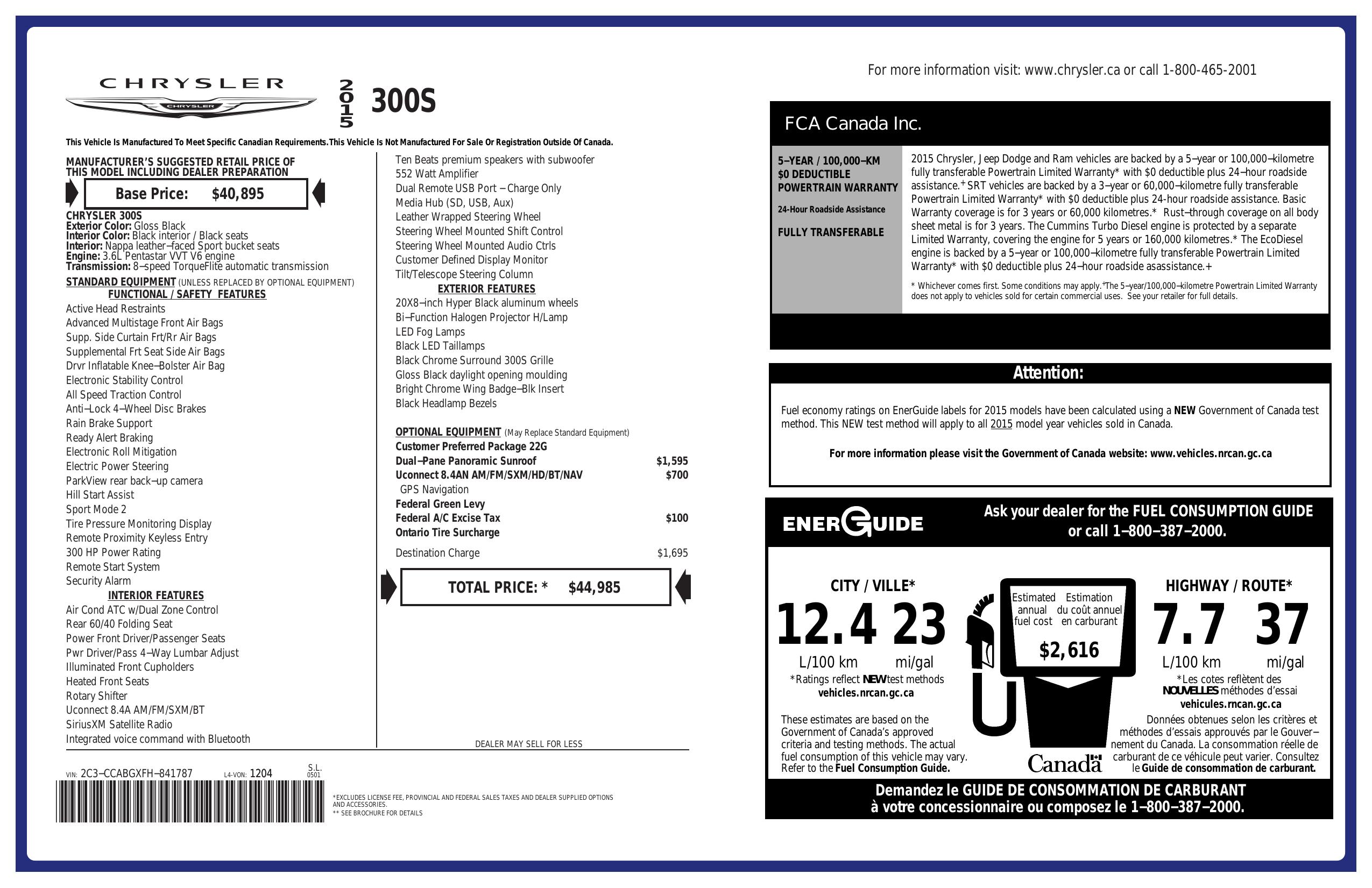 Window Sticker for 2015 Chrysler 300 4dr Sdn 300 S Rwd