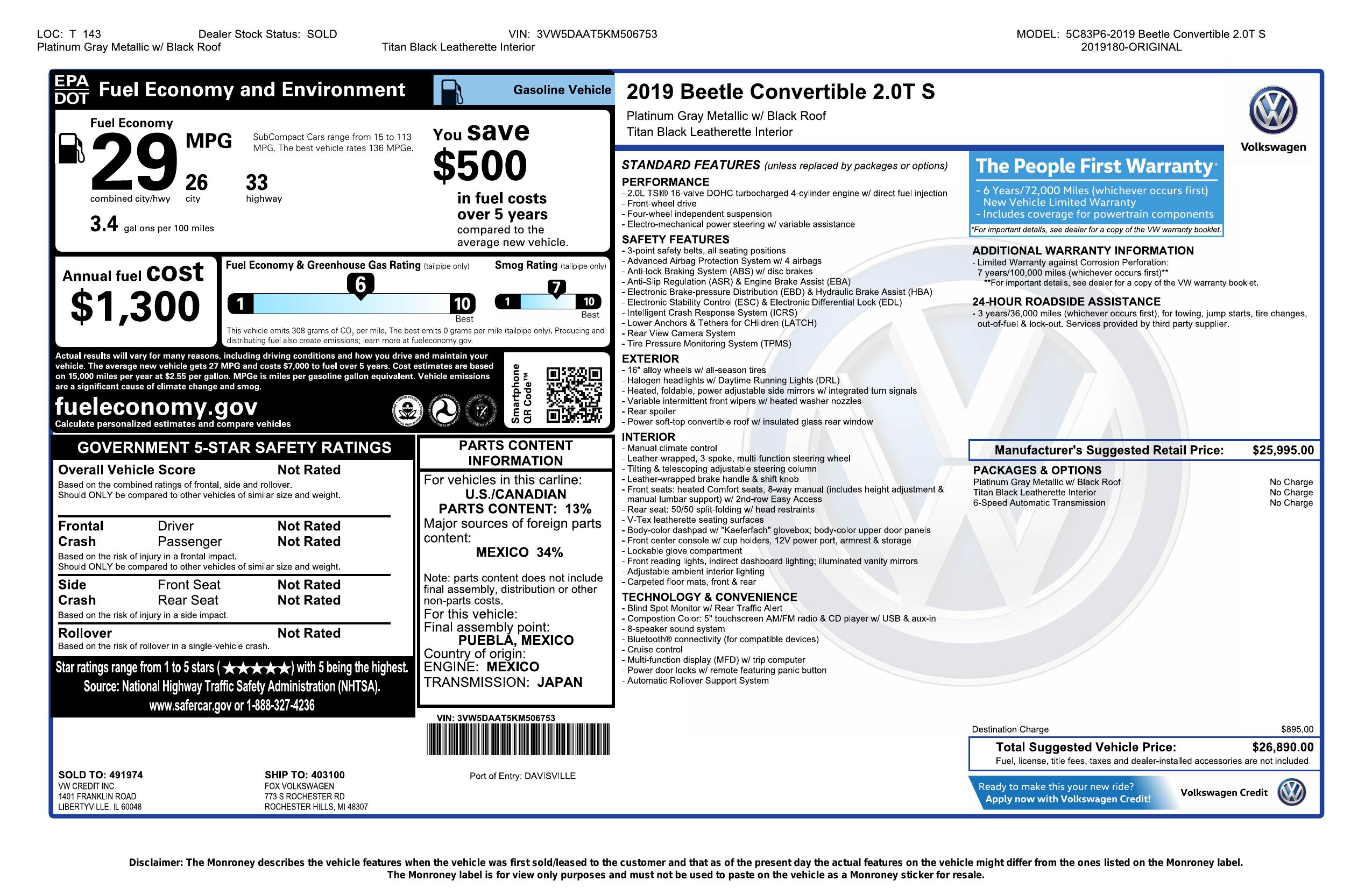 Window Sticker for 2019 Volkswagen Beetle Convertible Auto