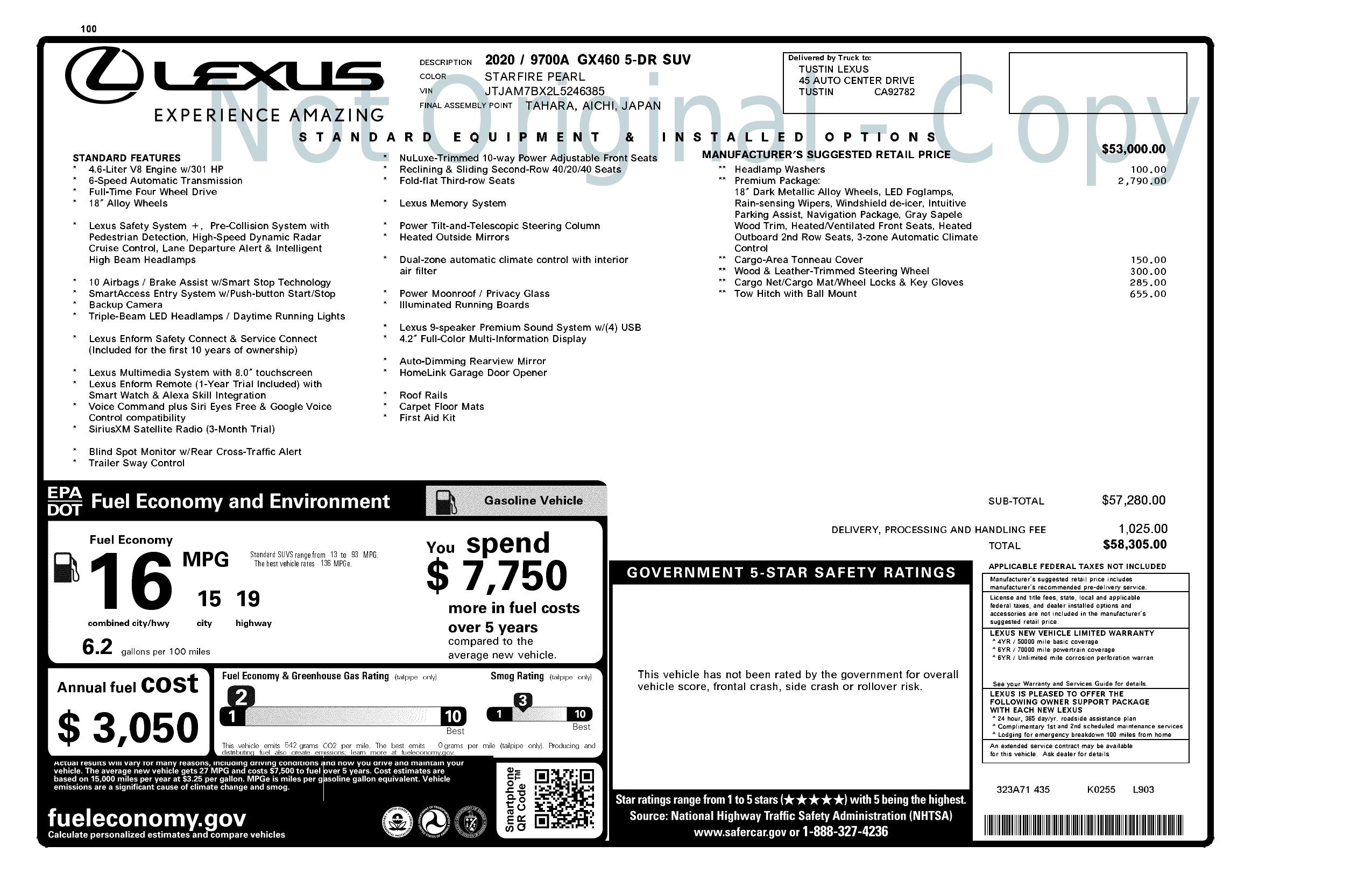 Window Sticker for 2020 Lexus Gx Gx 460 Premium 4 Wd