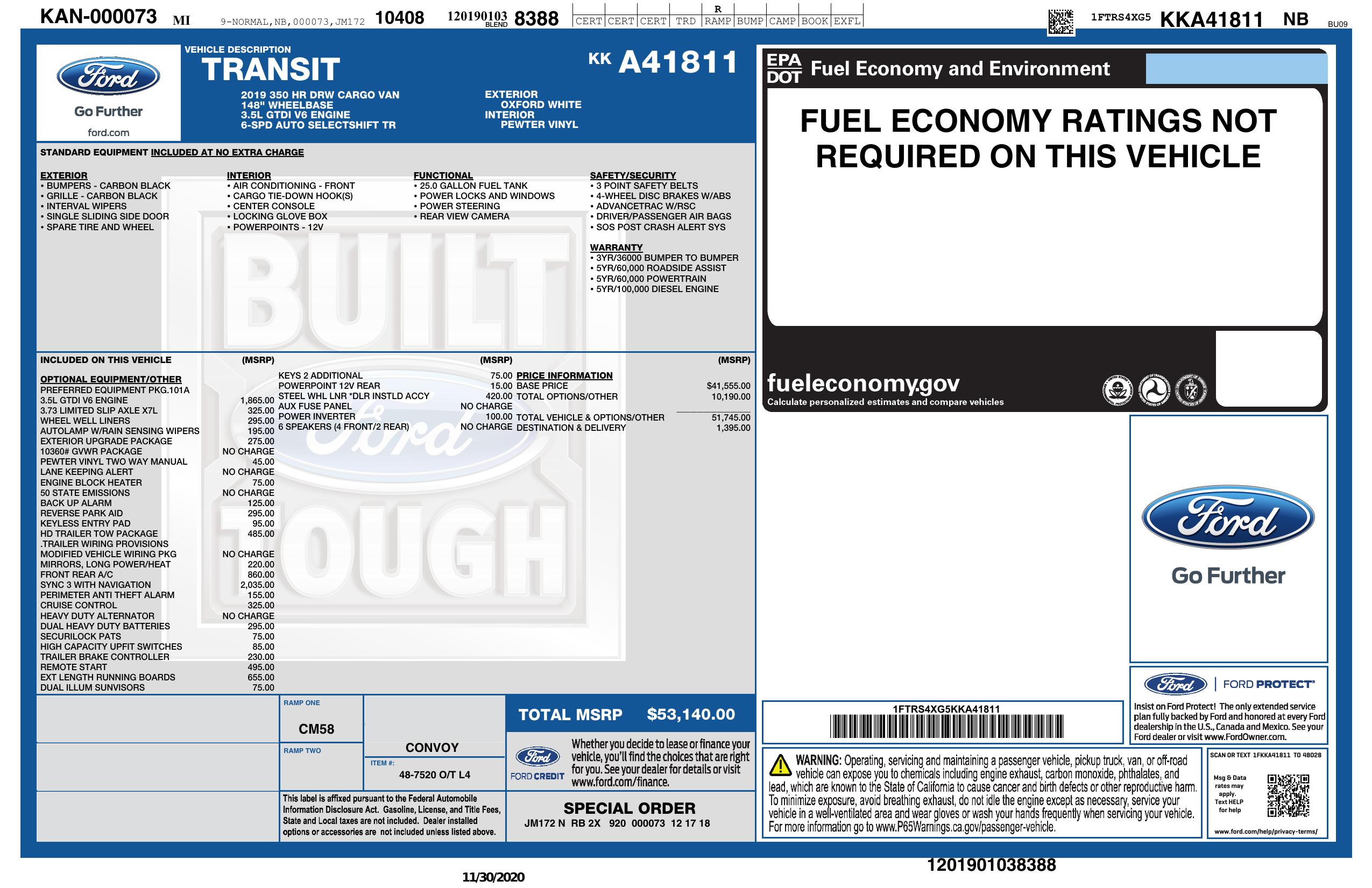 Window Sticker for 2019 Ford Transit Van T 350 Hd 148" El Hi Rf 10360 ...