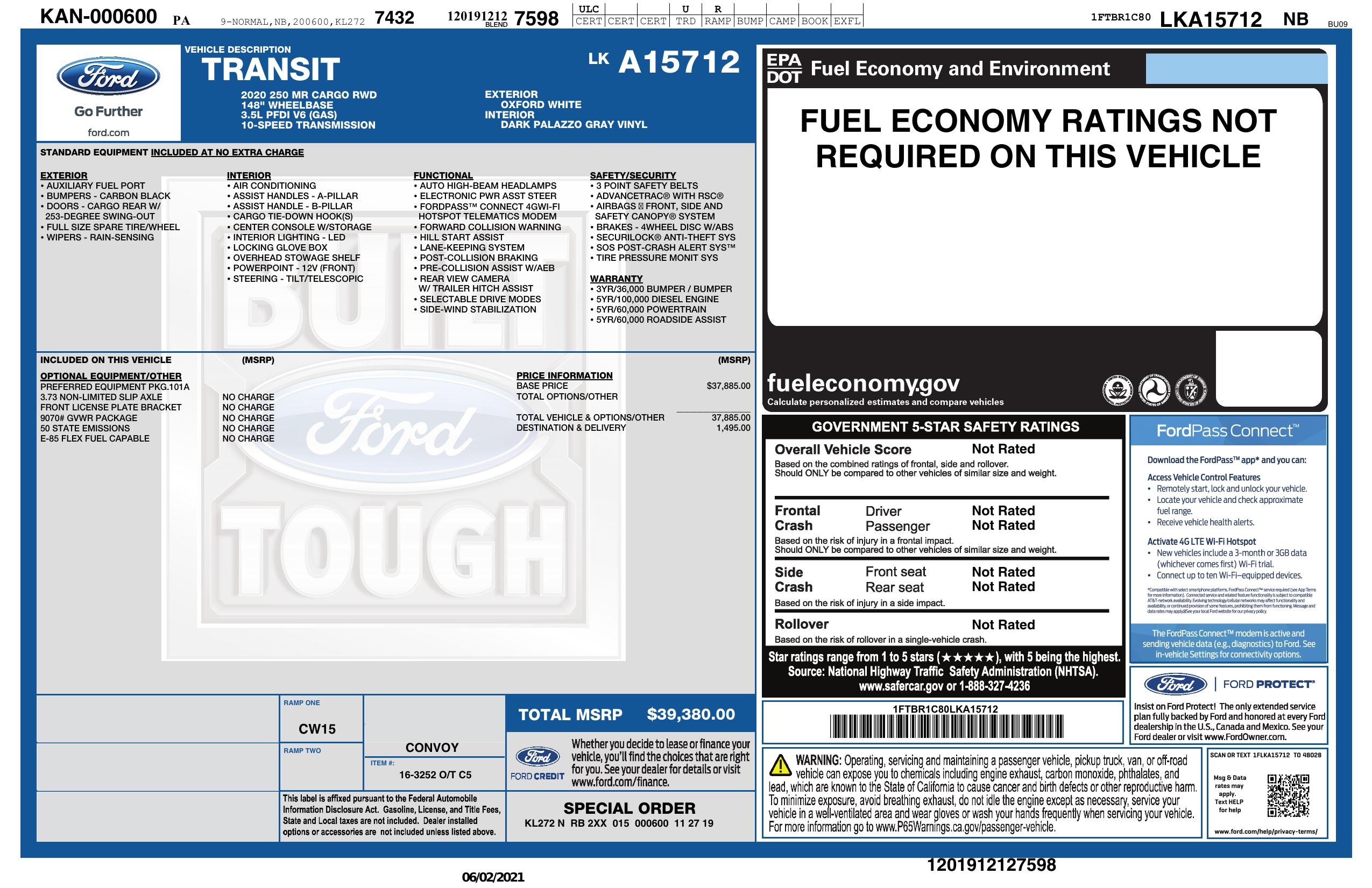 Window Sticker for 2020 Ford Transit Cargo Van T 250 Med Rf 9070 Gvwr Rwd