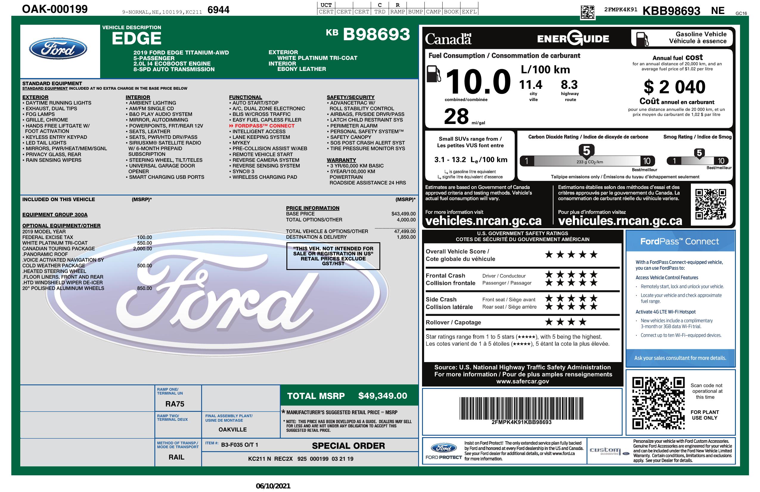 Window Sticker for 2019 Ford Edge Titanium Awd