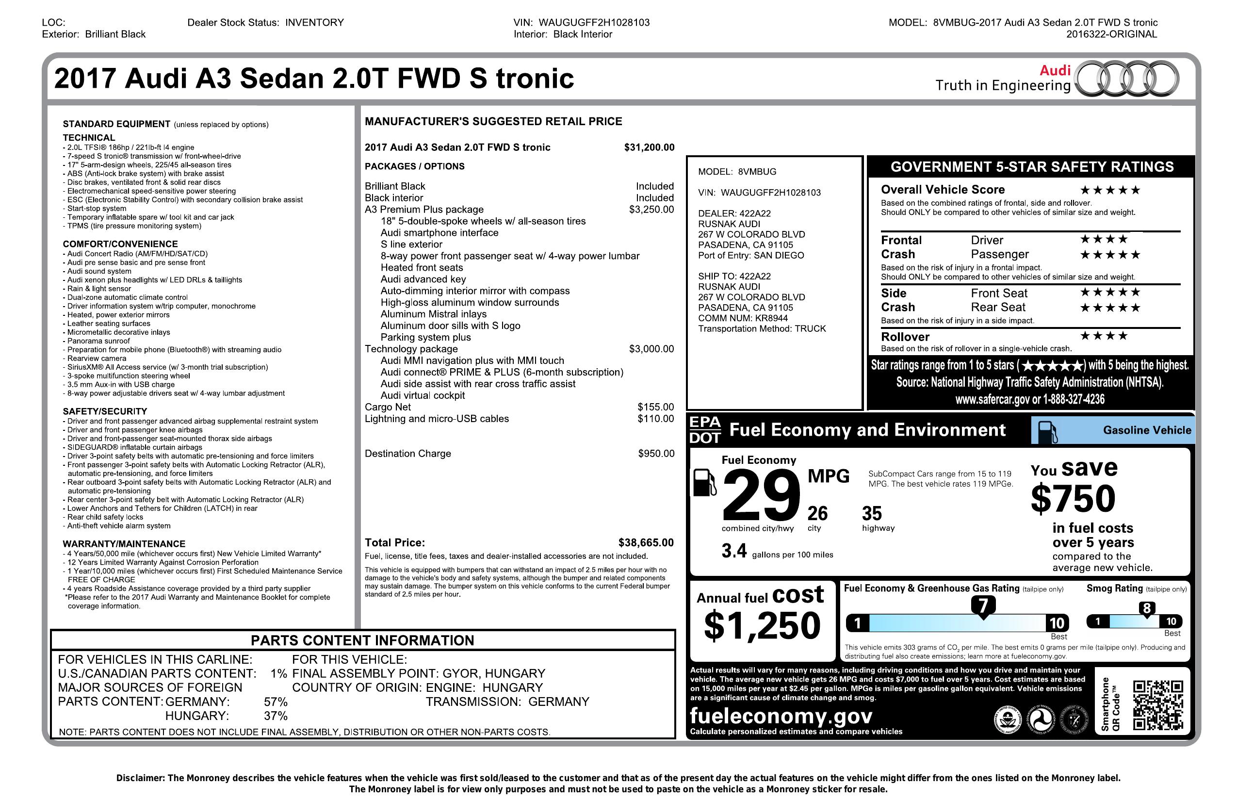 Window Sticker for 2017 Audi A3 Sedan 2.0 Tfsi Premium Plus Fwd