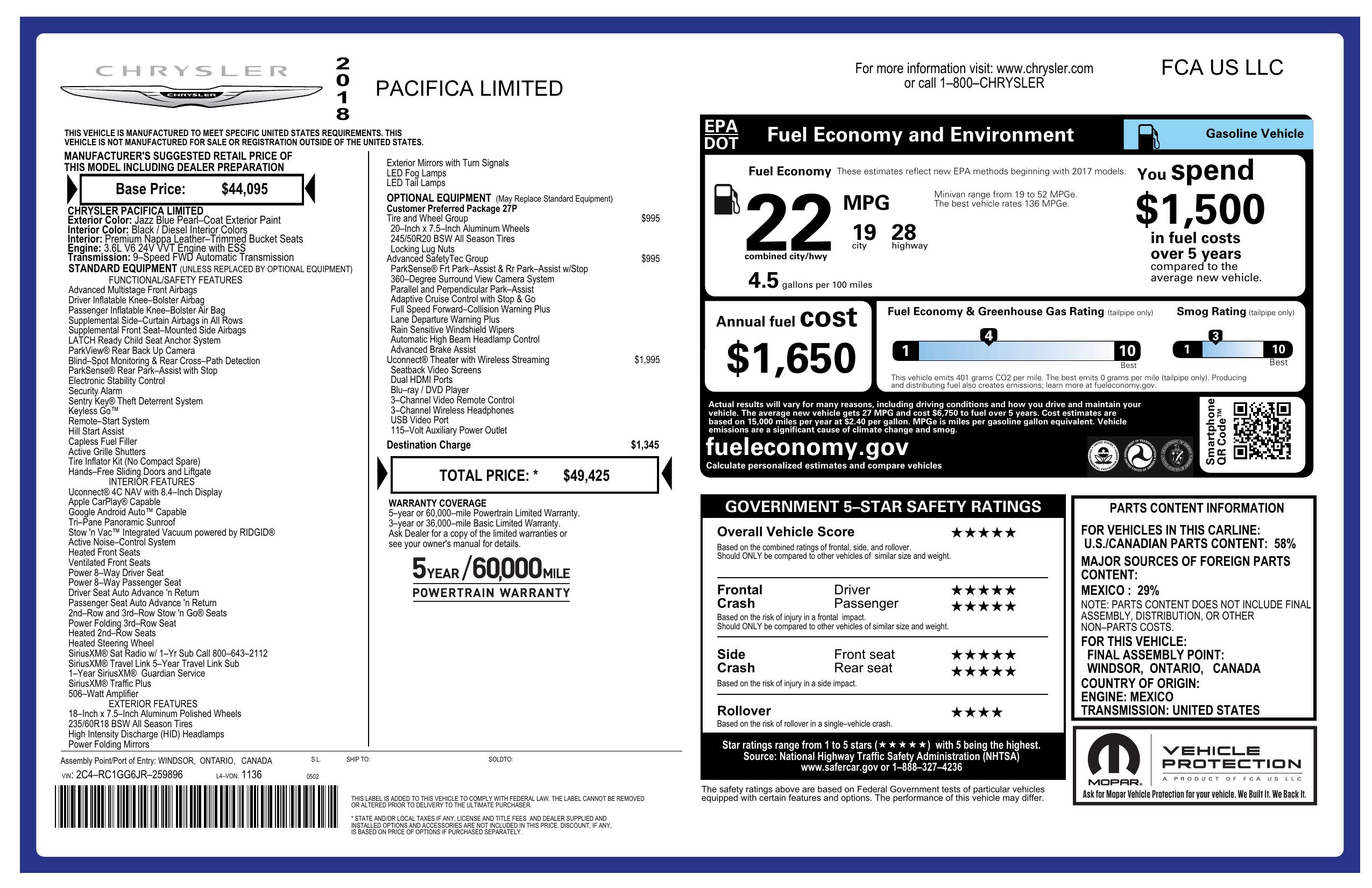 Window Sticker for 2018 Chrysler Pacifica Limited Fwd