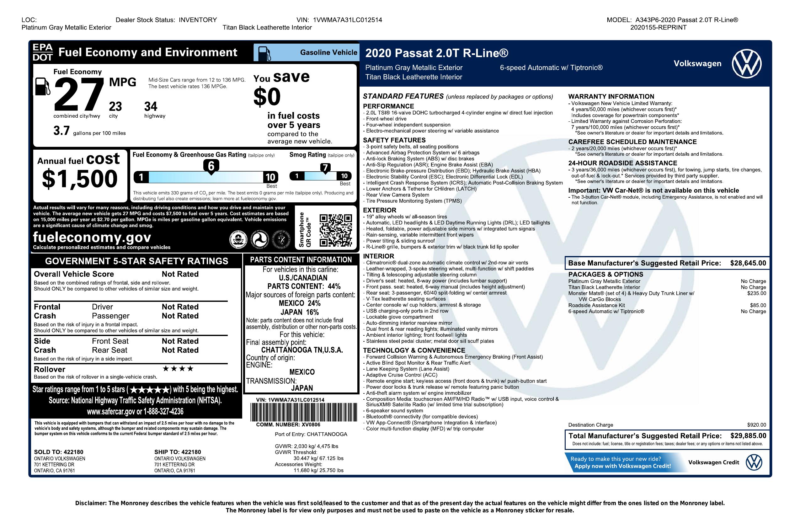 Window Sticker for 2020 Volkswagen Passat 2.0 T R Line Auto