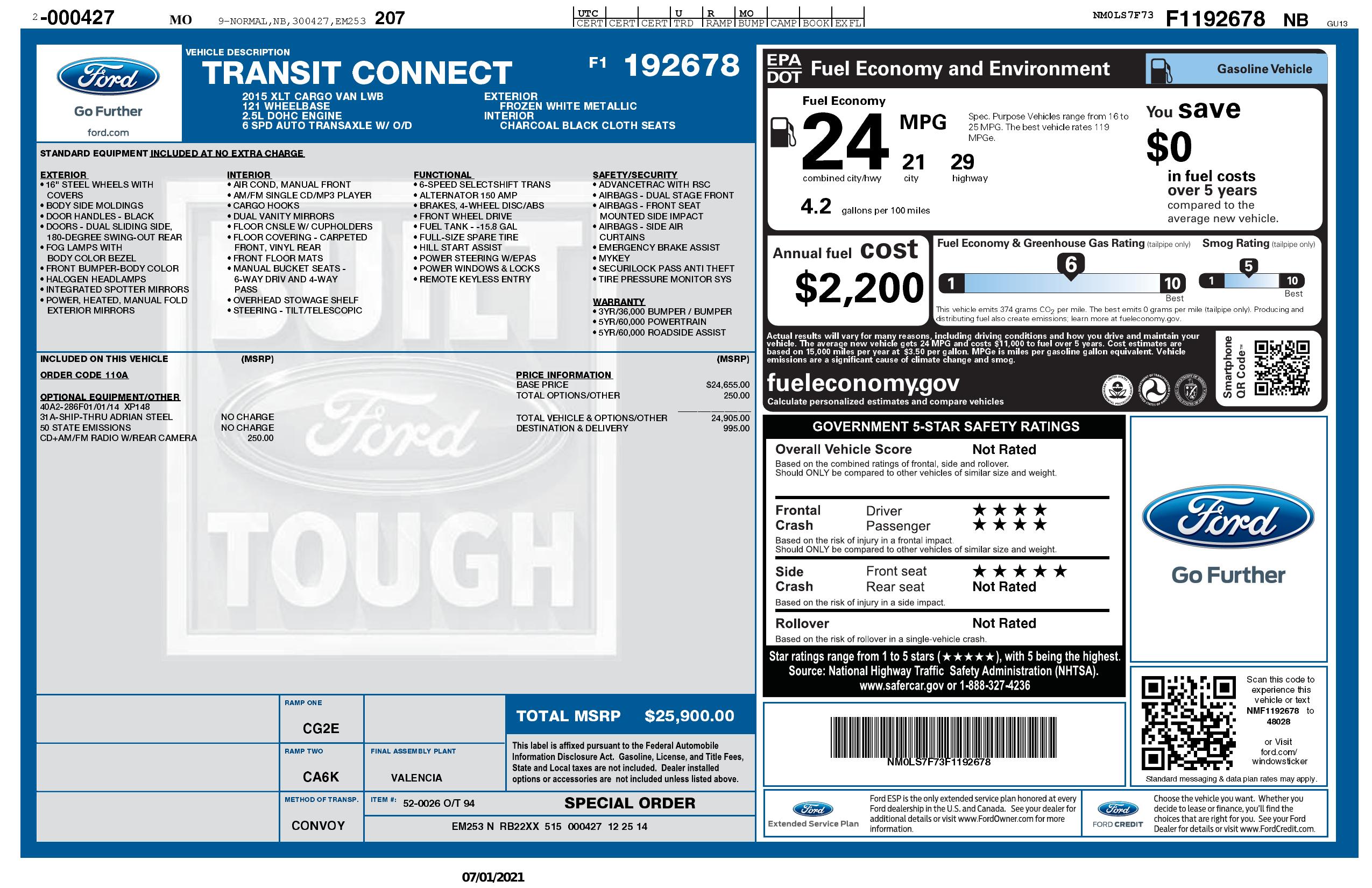 Window Sticker for 2015 Ford Transit Connect Lwb Xlt