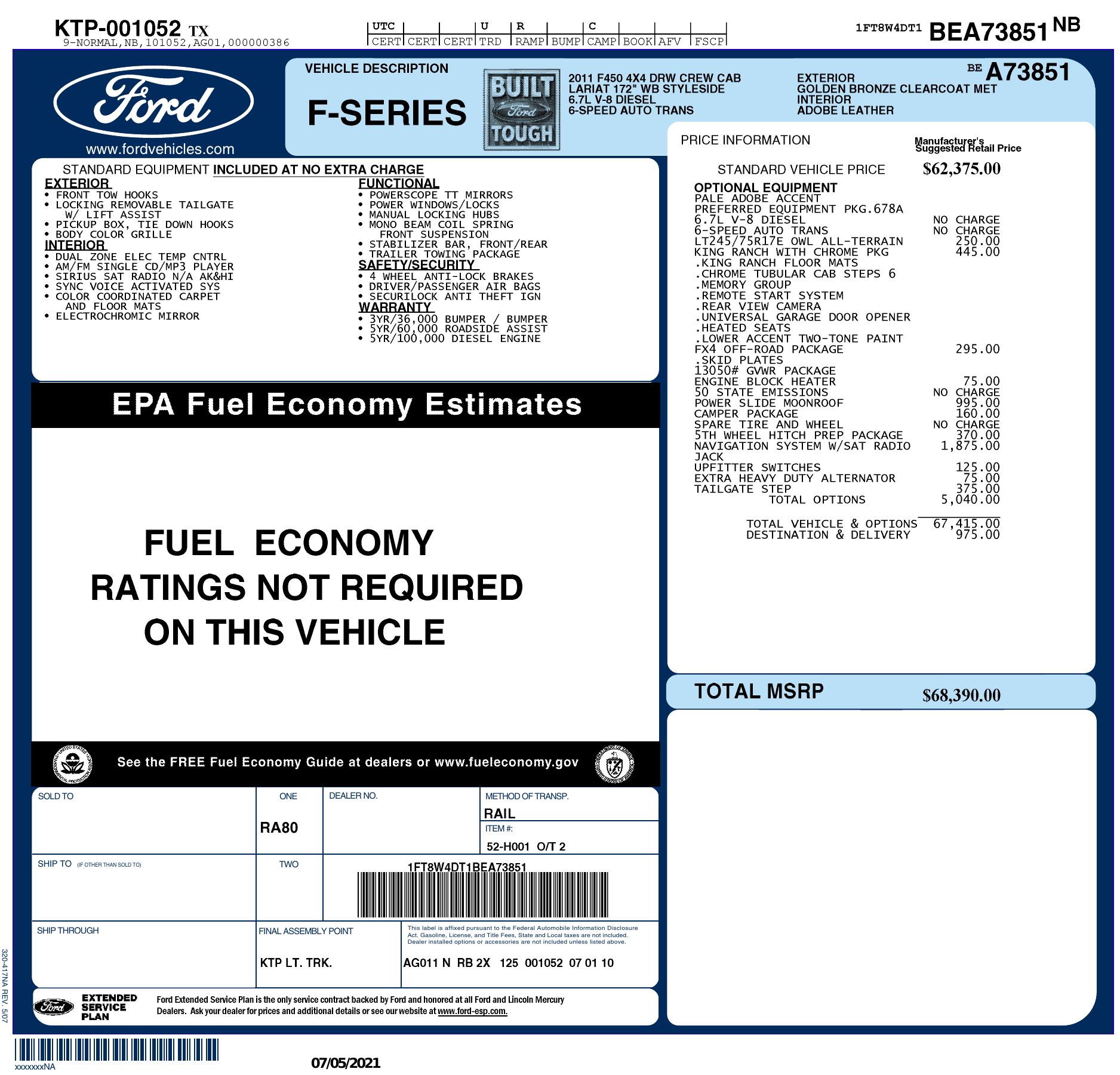 Window Sticker for 2011 Ford Super Duty F 450 Drw 4 Wd Crew Cab 172"