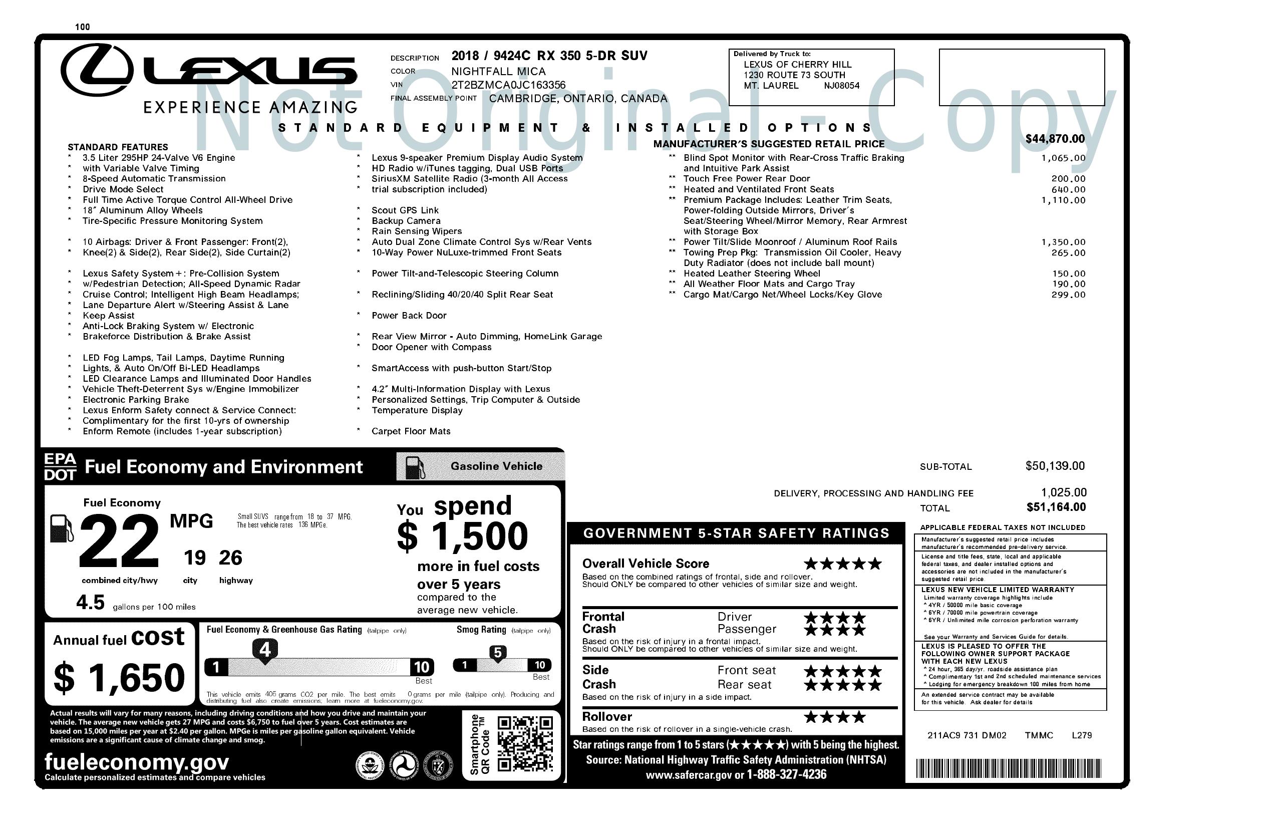 Window Sticker for 2018 Lexus Rx Rx 350 Awd