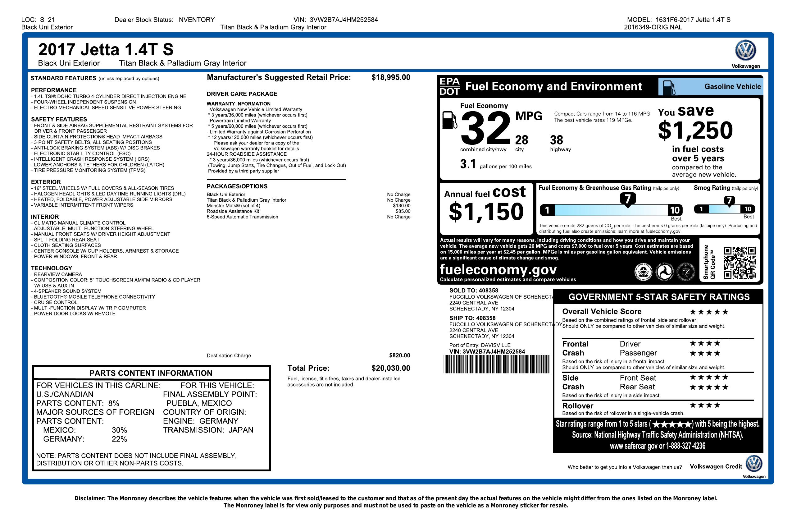 Window Sticker for 2017 Volkswagen Jetta 1.4 T S Auto