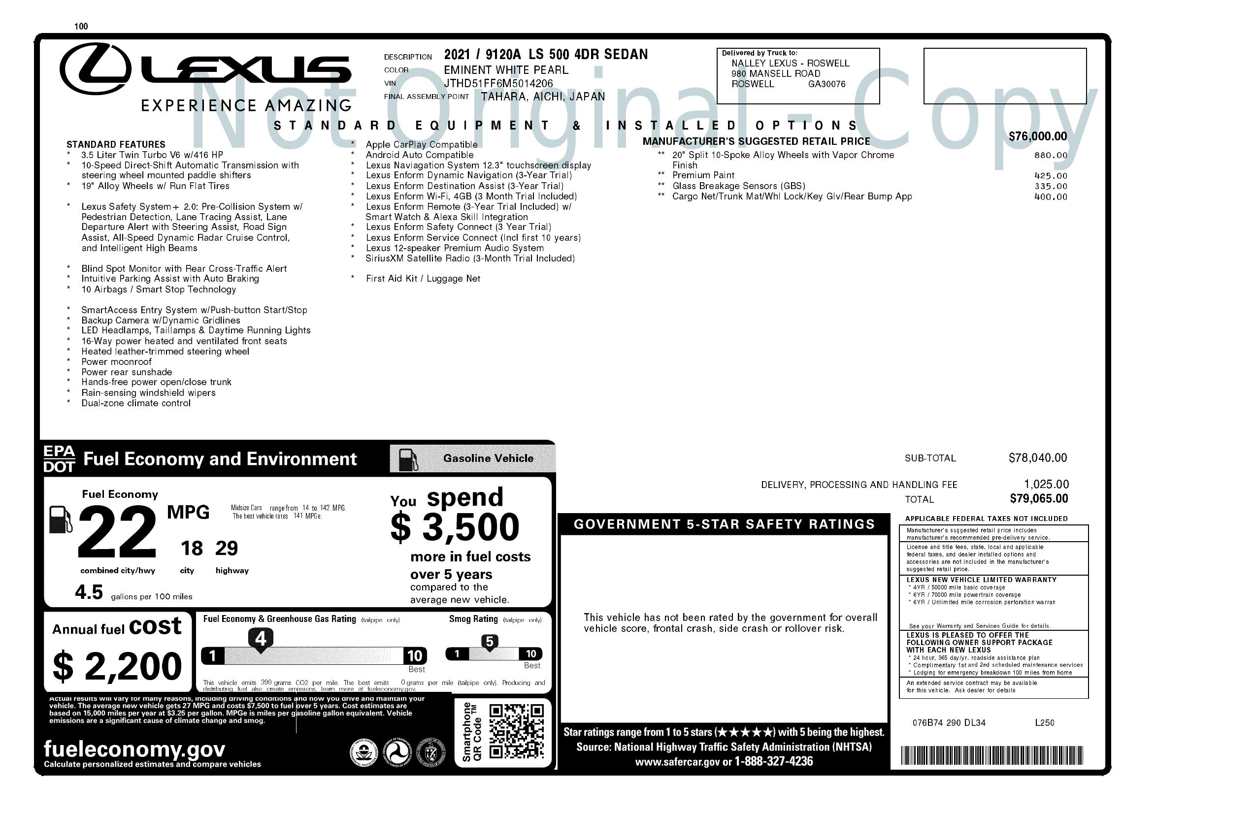 Window Sticker for 2021 Lexus Ls Ls 500 Rwd