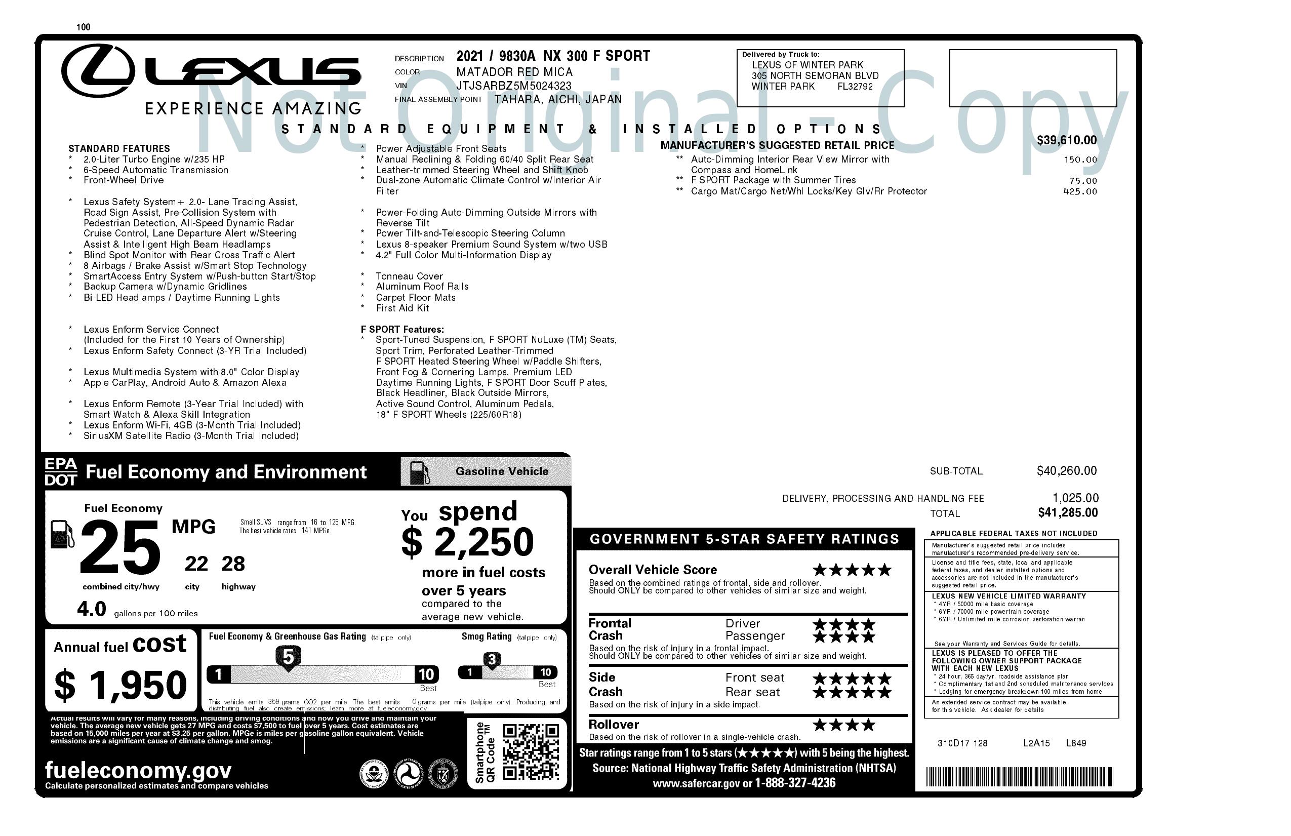 Window Sticker for 2021 Lexus Nx Nx 300 F Sport Fwd