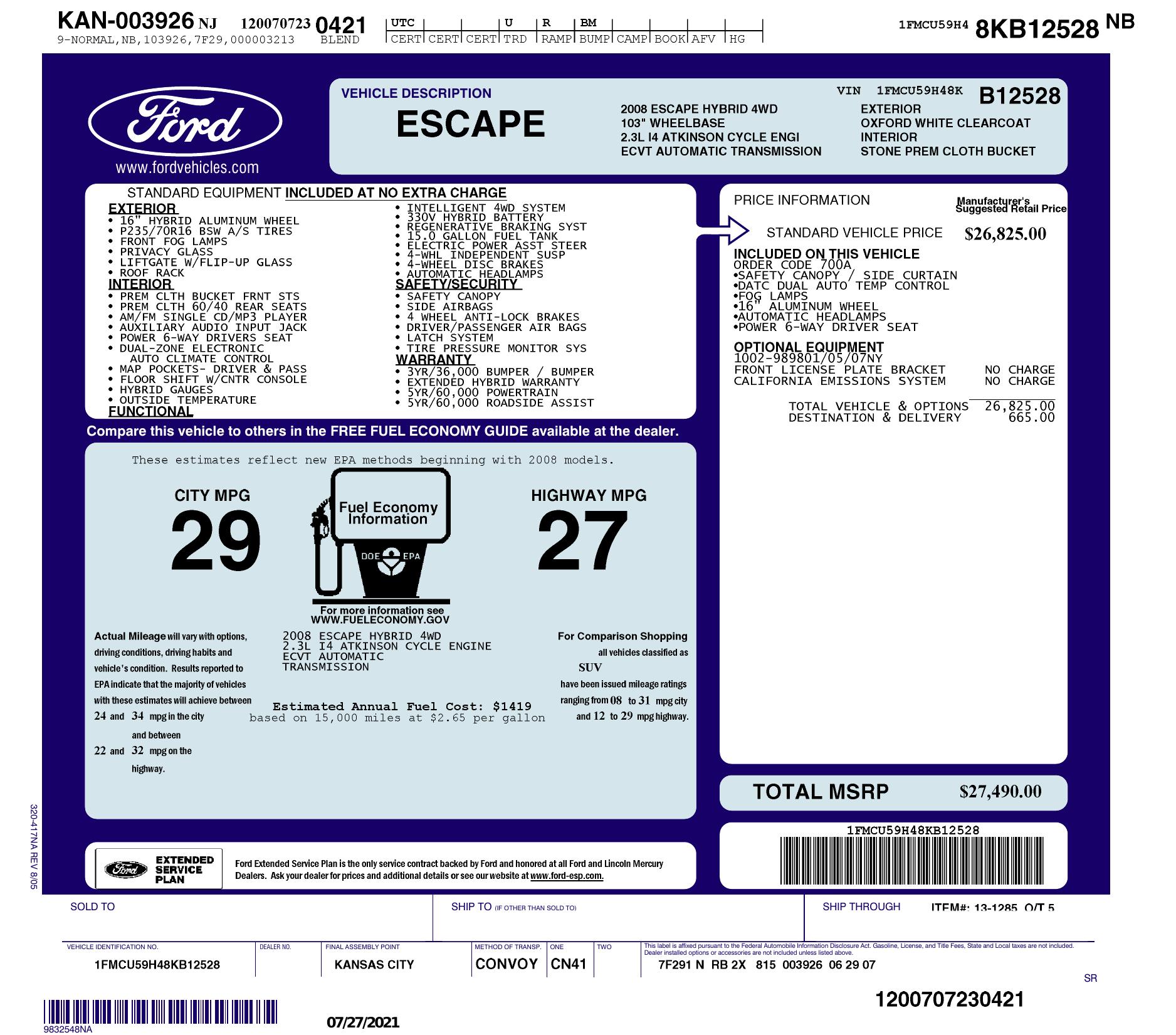 Window Sticker for 2008 Ford Escape 4 Wd 4dr I4 Cvt Hybrid