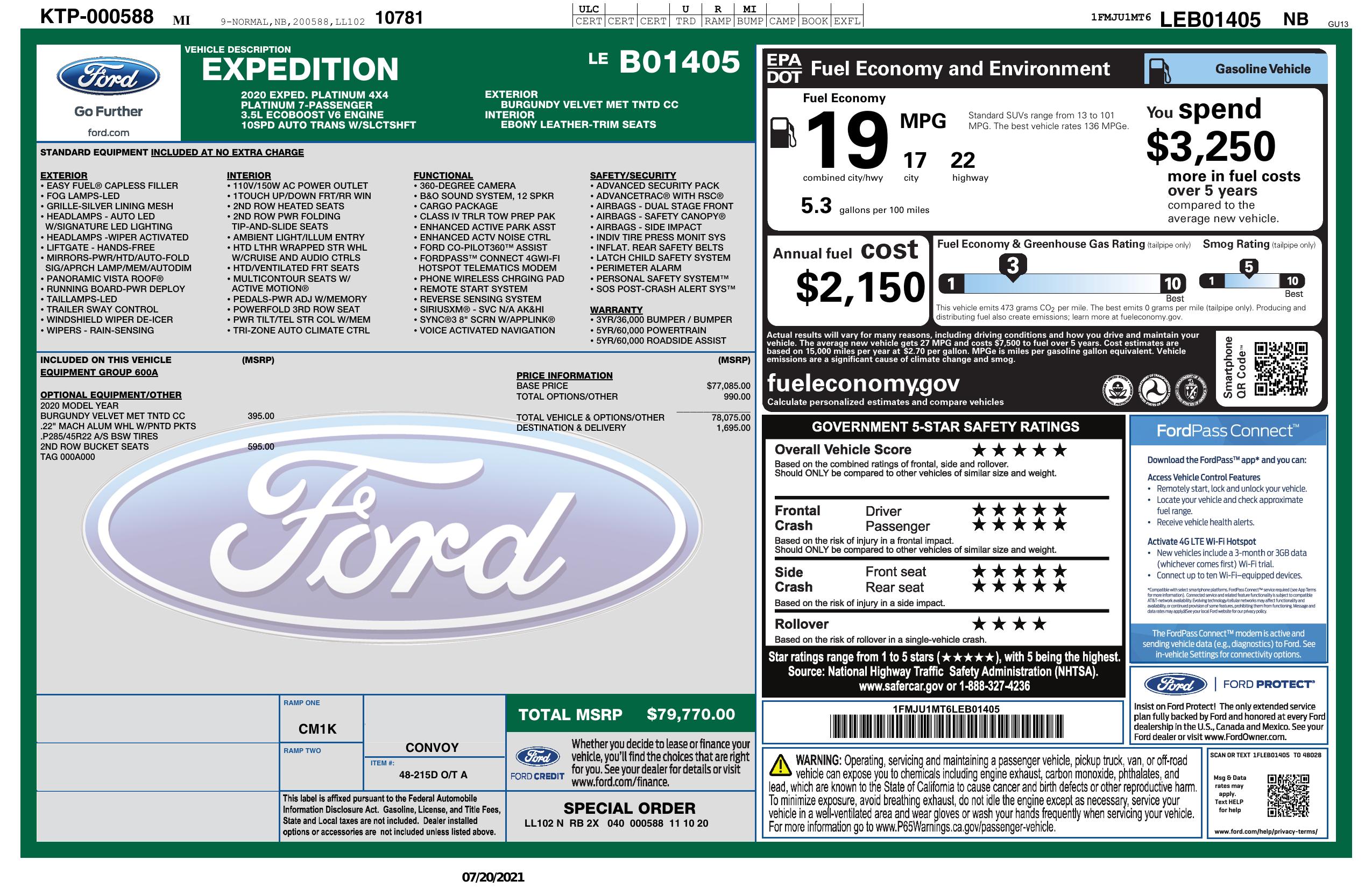 Window Sticker for 2020 Ford Expedition Platinum 4x4