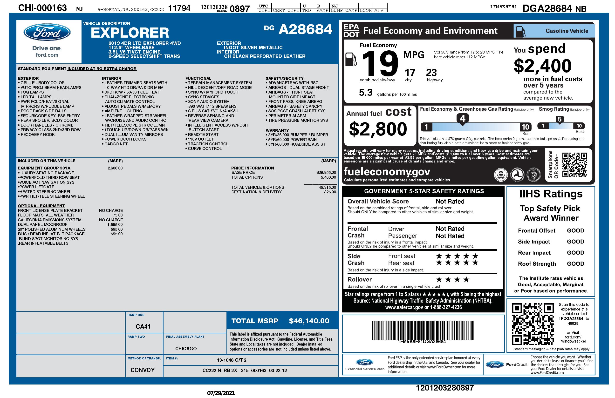 Window Sticker for 2013 Ford Explorer Limited 4 Wd